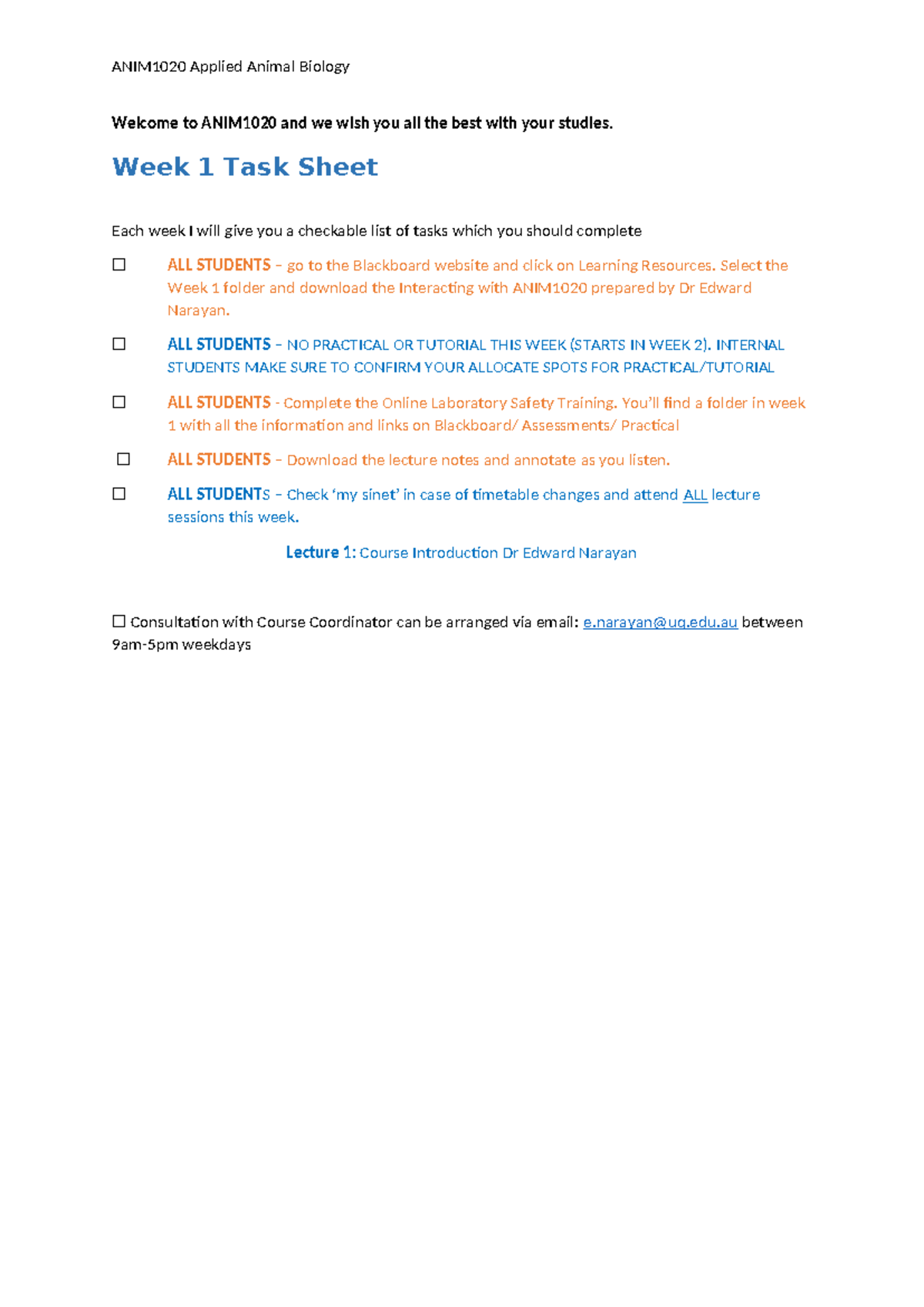 ANIM1020 Week 1 Checklist - ANIM1020 Applied Animal Biology Welcome to ...