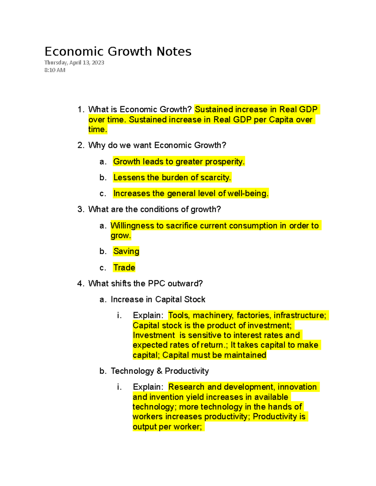 Economic Growth Notes - Economic Growth Notes Thursday, April 13, 20238 ...