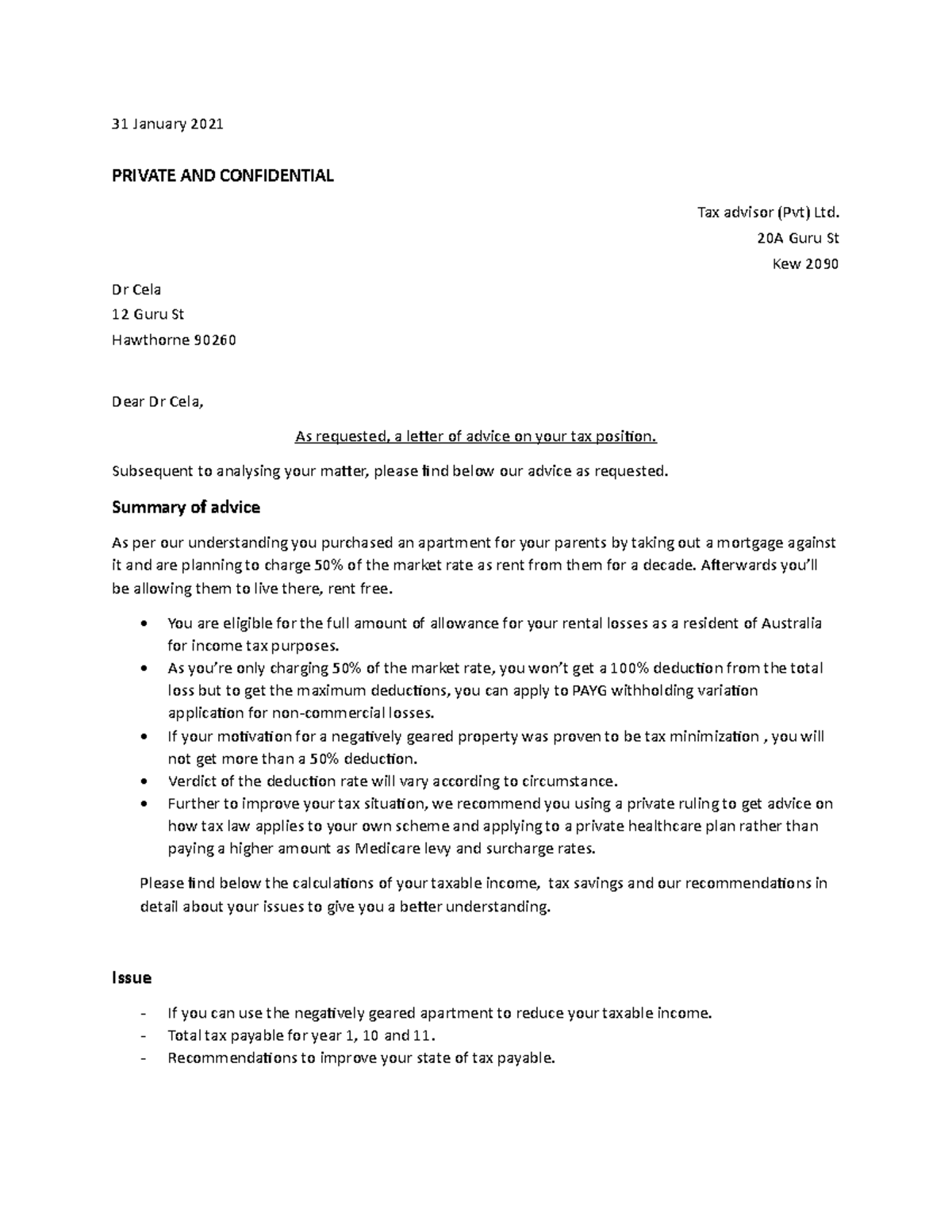 Letter of advice - 31 January 2021 PRIVATE AND CONFIDENTIAL Tax advisor ...