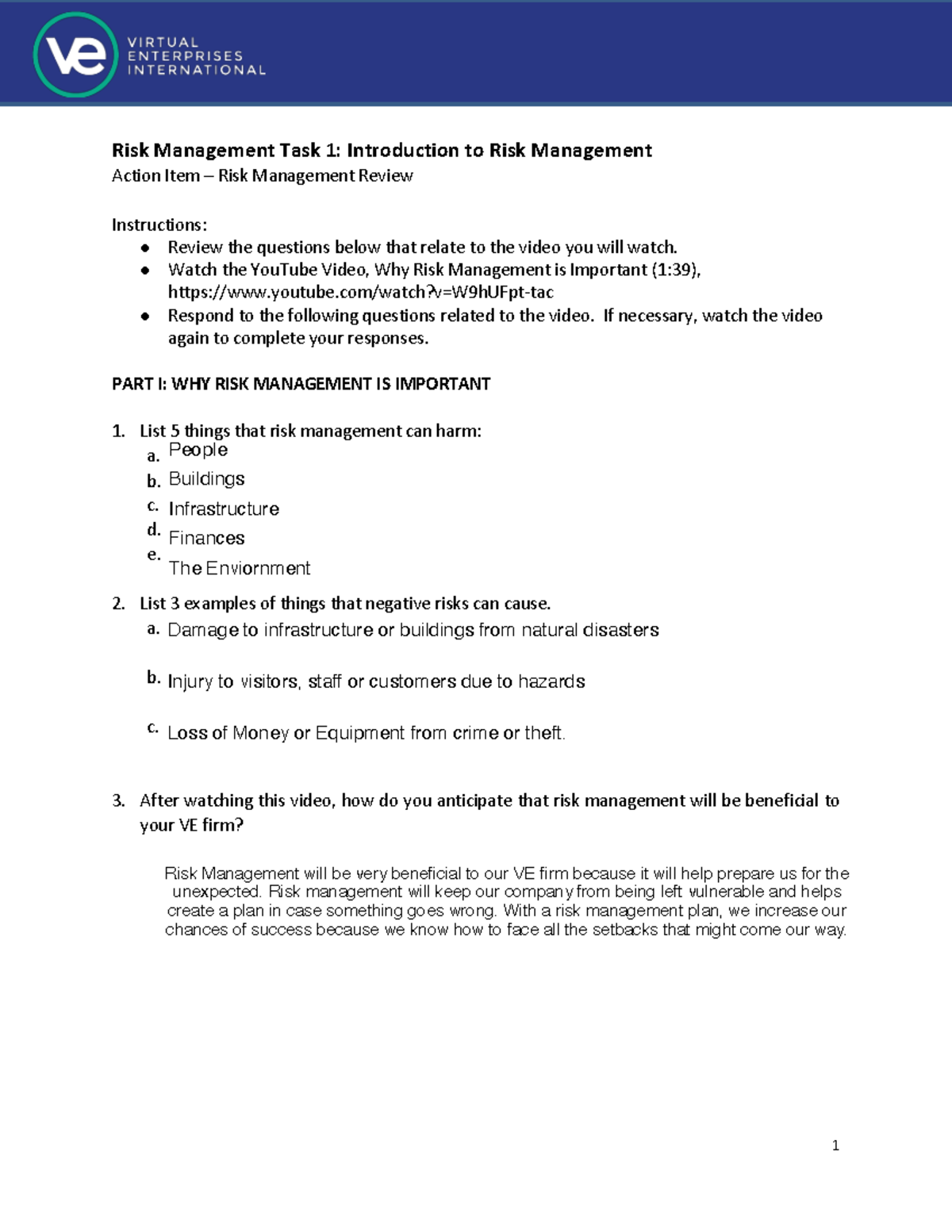 Action Review - Risk Management Review - 1 Risk Management Task 1 ...