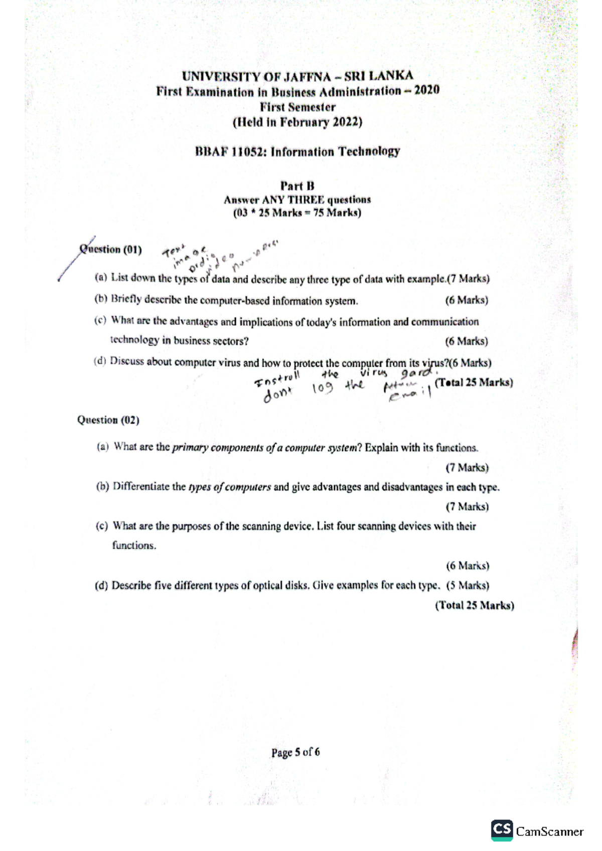 2020 IT 1st sem - 2020 1st semester exam paper - Business adminstration - CamScanner CamScanner ...