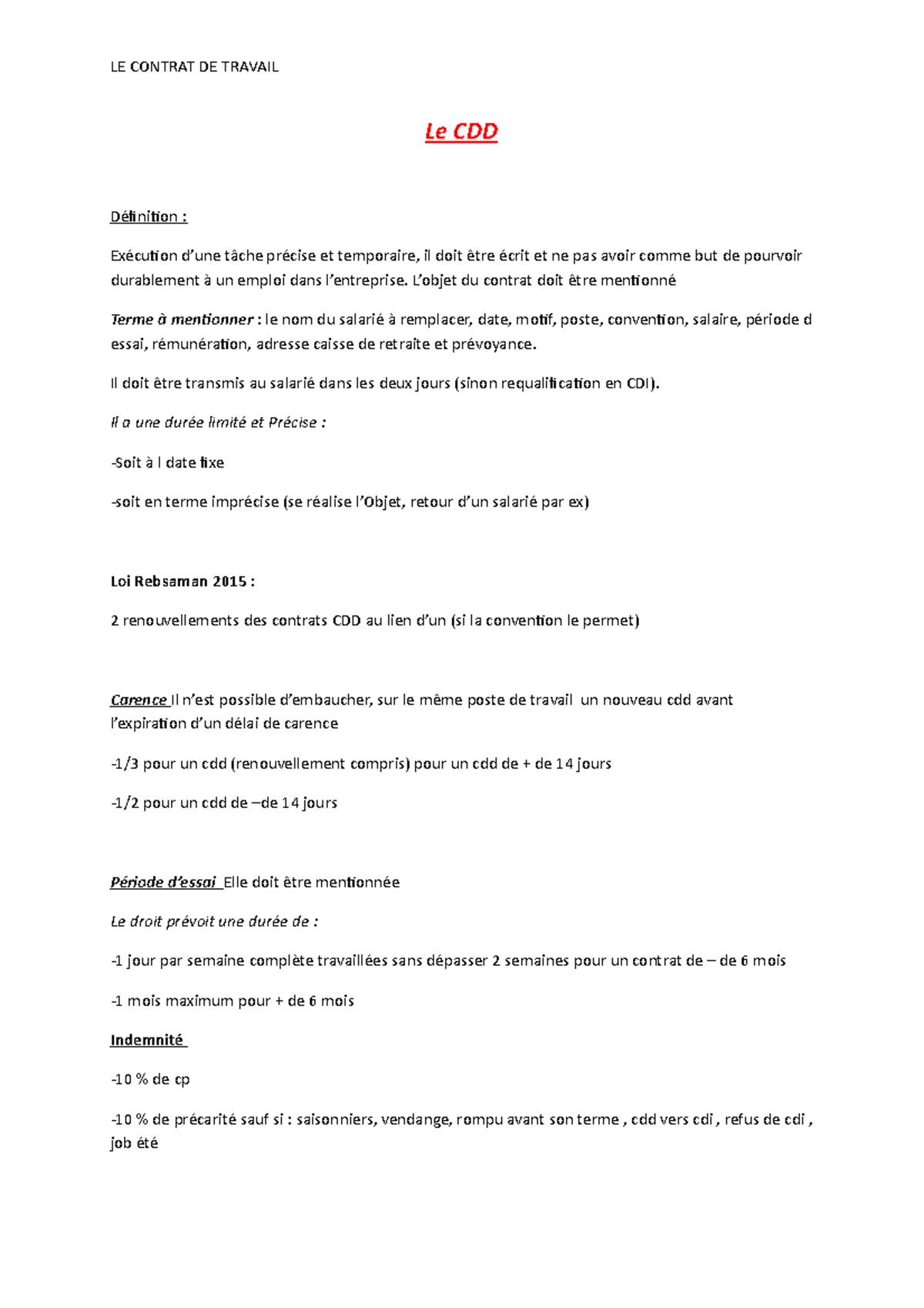 Le CDD - LE CONTRAT DE TRAVAIL Le CDD Définition : Exécution d’une ...