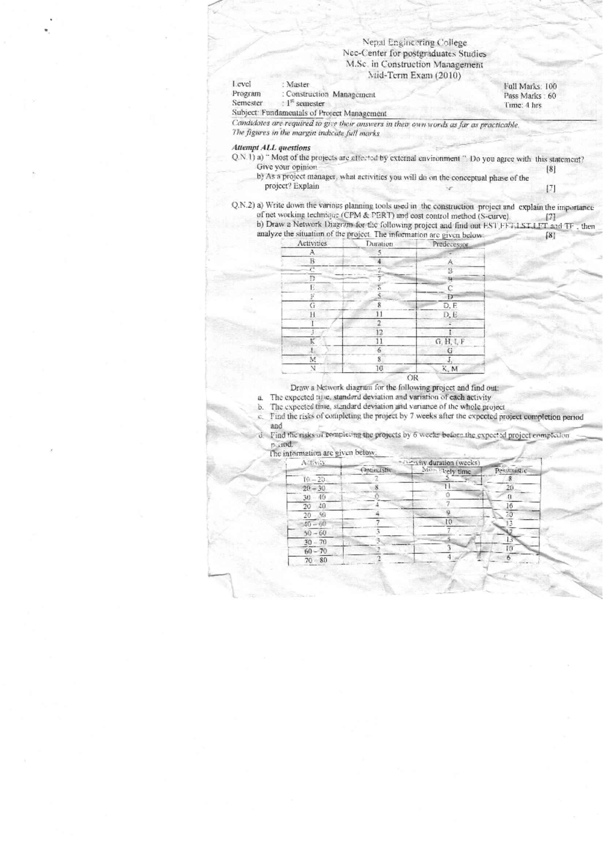 Question bank of Construction Management - Project Management - Studocu
