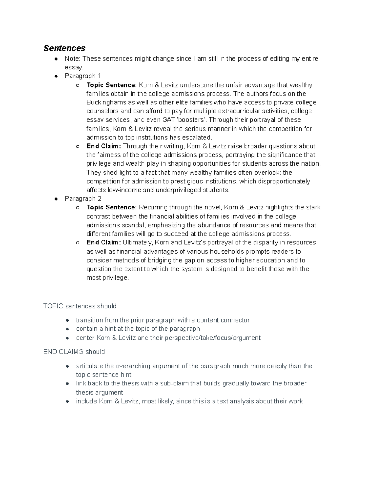 Homework Topic Sentence End Claim Paragraphs for Peer Response 2 ...