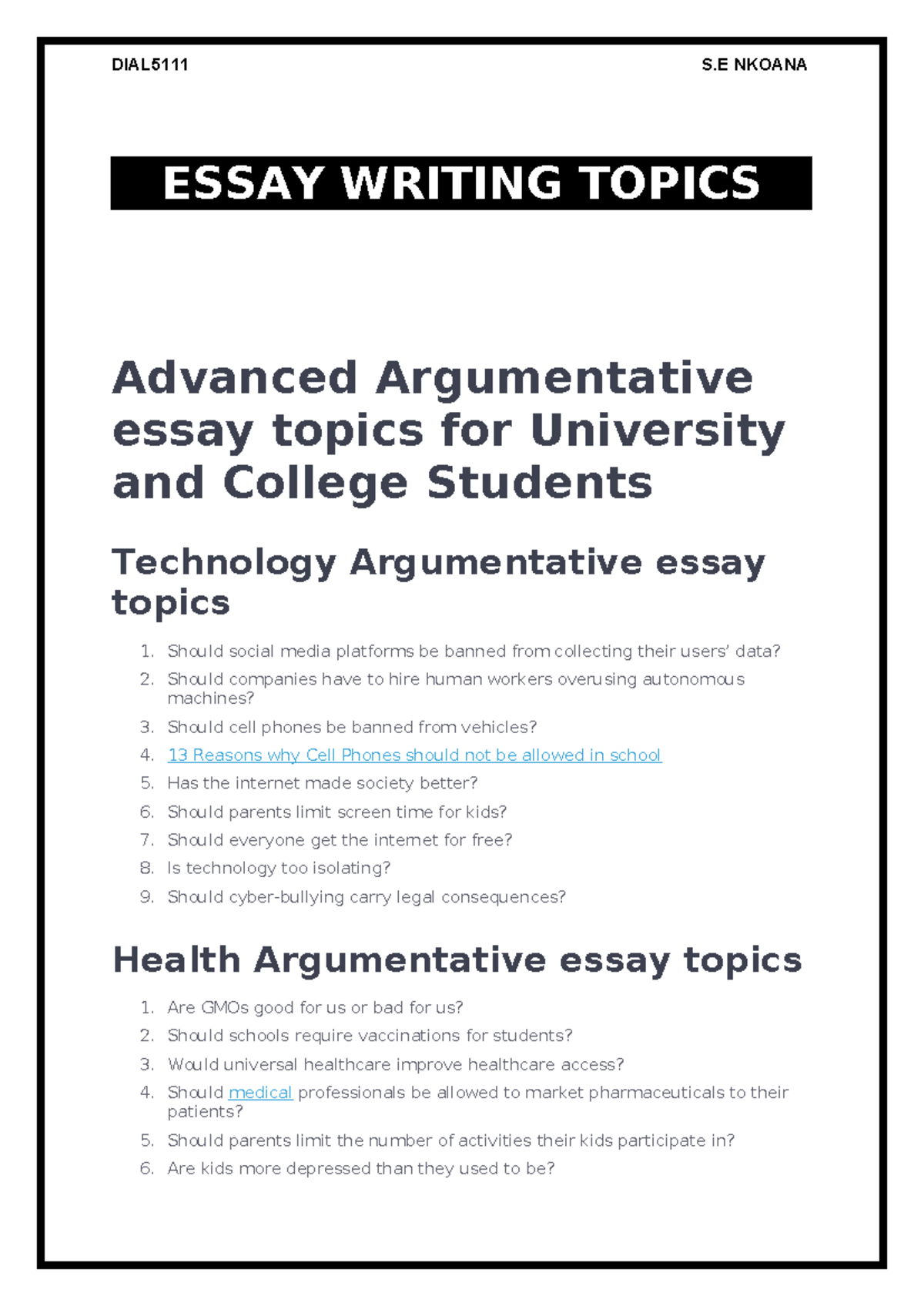 Essay Writing Topics DIAL5111 - ESSAY WRITING TOPICS Advanced ...