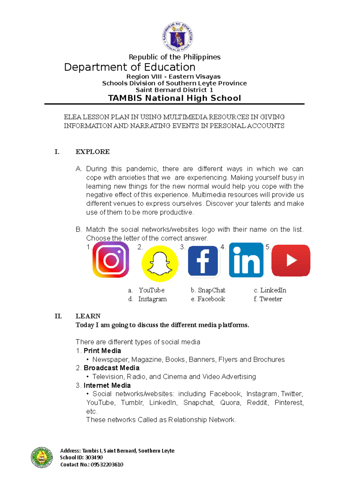 ELEA Lesson PLAN DEMO - for reference only - Department of Education ...