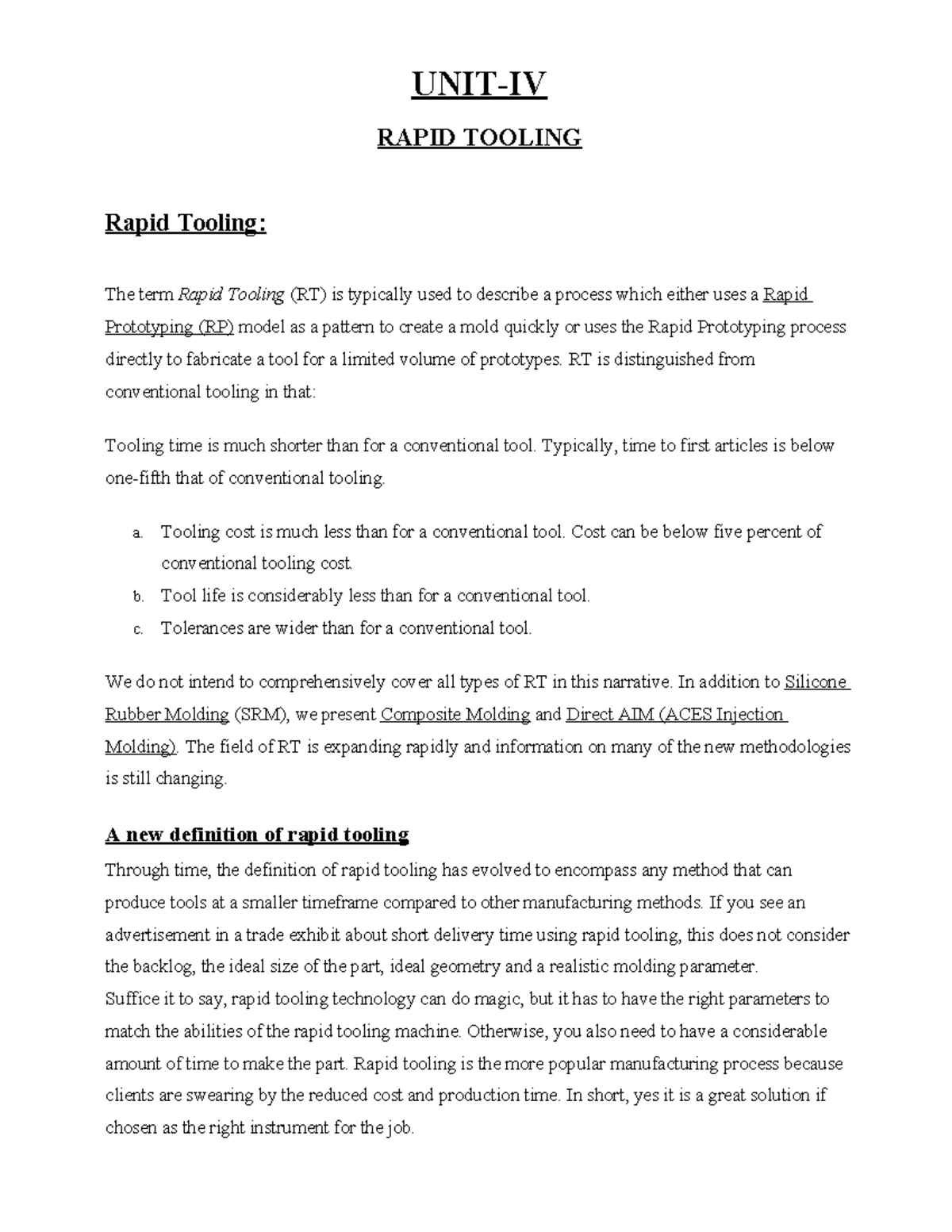 AM 4,5,6 Units Lecture Notes - UNIT-IV RAPID TOOLING Rapid Tooling: The ...