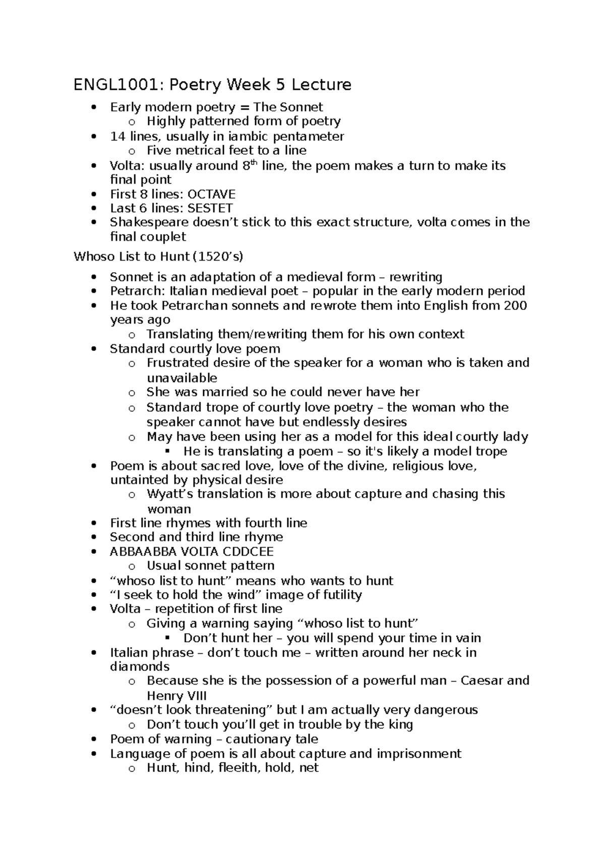 ENGL 1001 Week 5 Lecture - ENGL1001: Poetry Week 5 Lecture Early modern ...