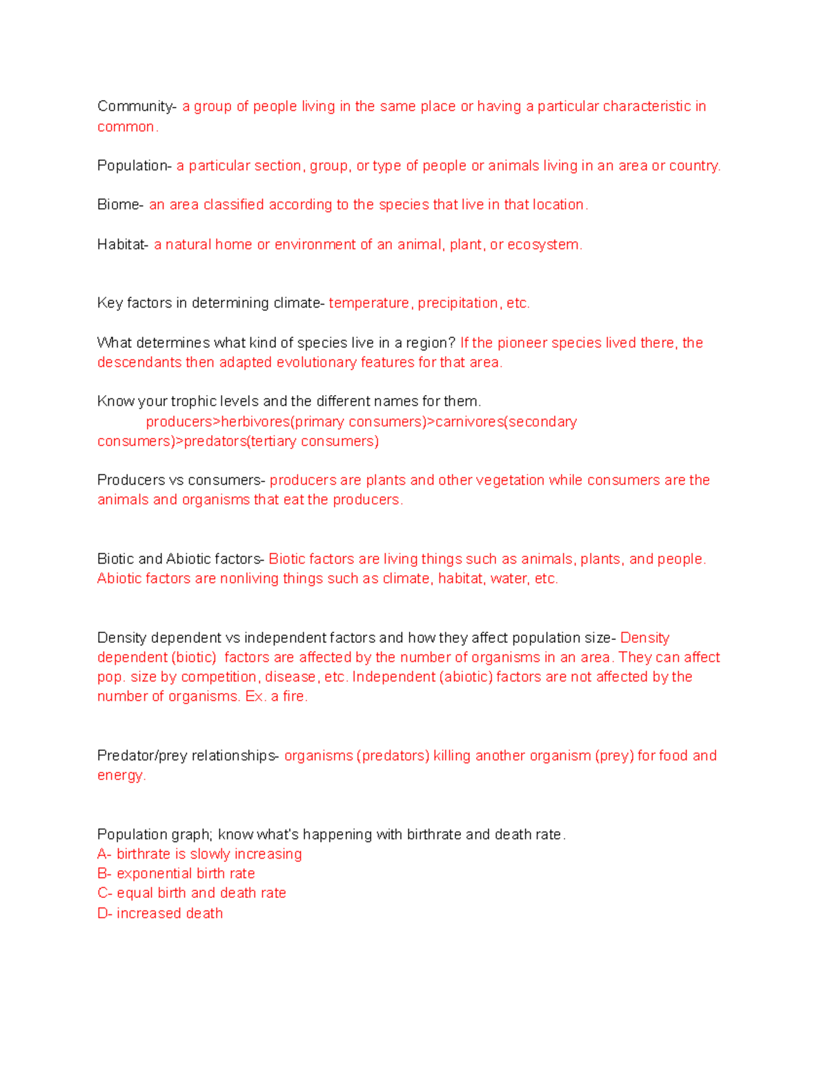 Ecology review - Community- a group of people living in the same place ...