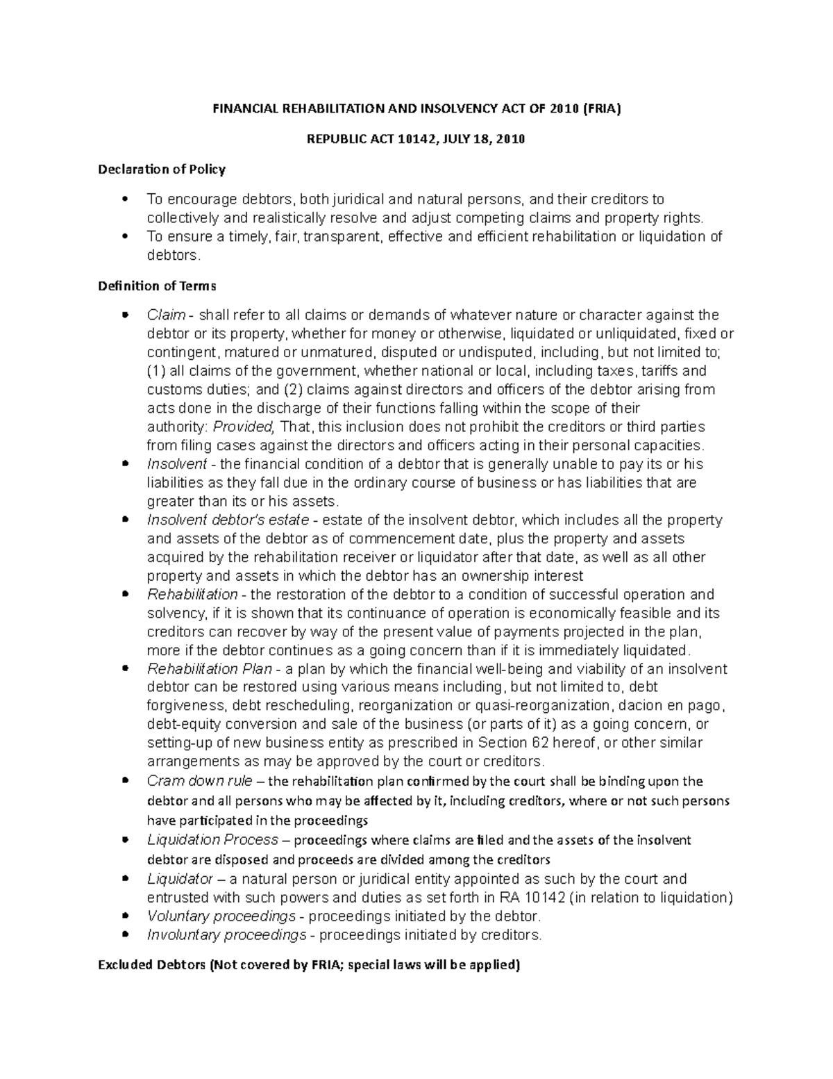 FRIA - Lecture notes 2 - FINANCIAL REHABILITATION AND INSOLVENCY ACT OF ...