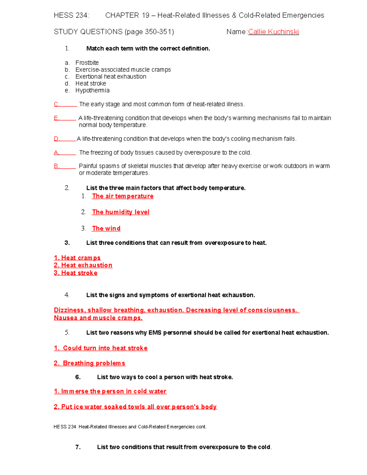 HESS 234 - Chapter 19- Heat Related Illnesses and Cold Related ...