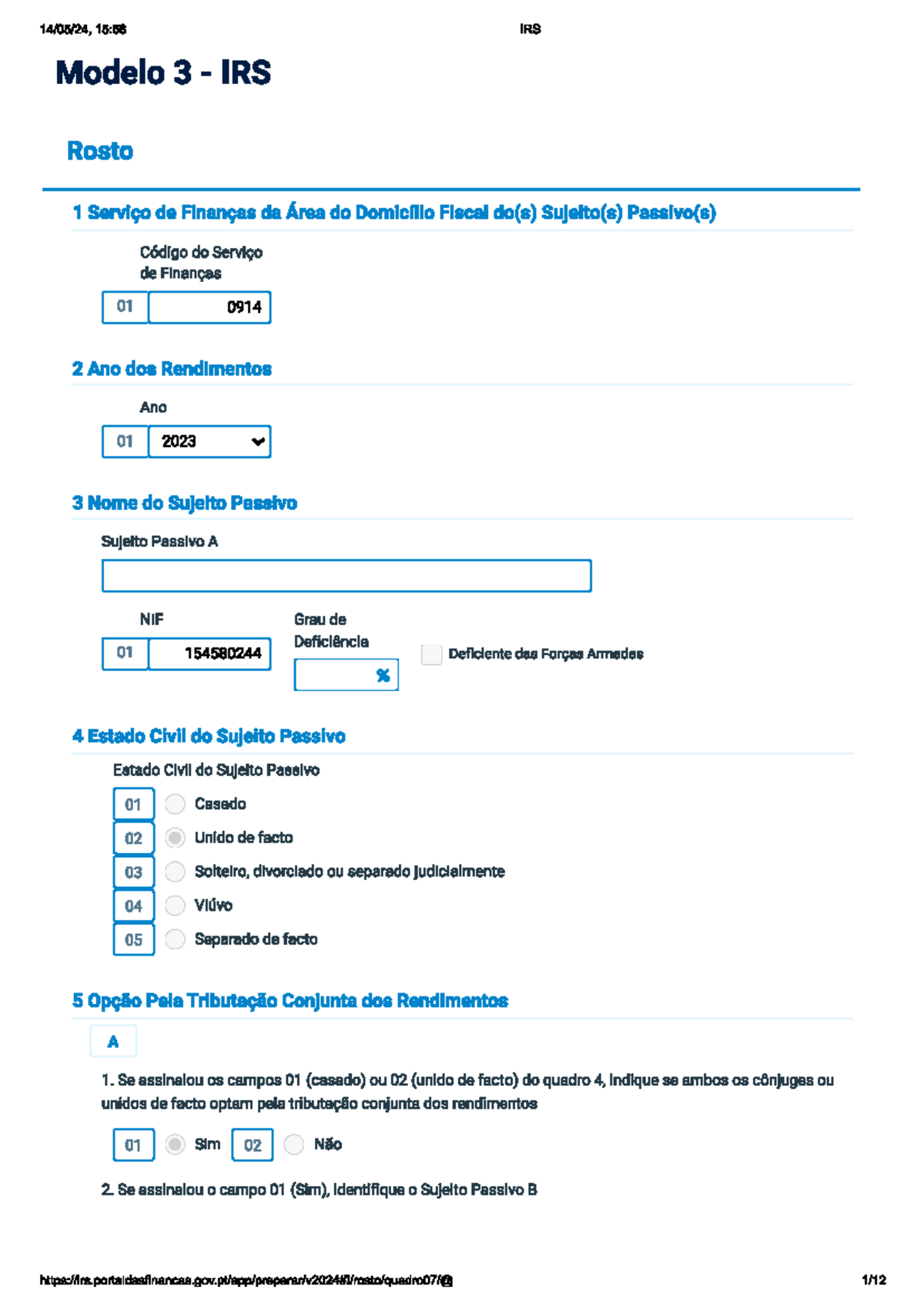 PREENCHIMENTO MODELO 3 ENUNCIADO IRS - 15:58 IRS Modelo 3 IRS Rosto 1 ...