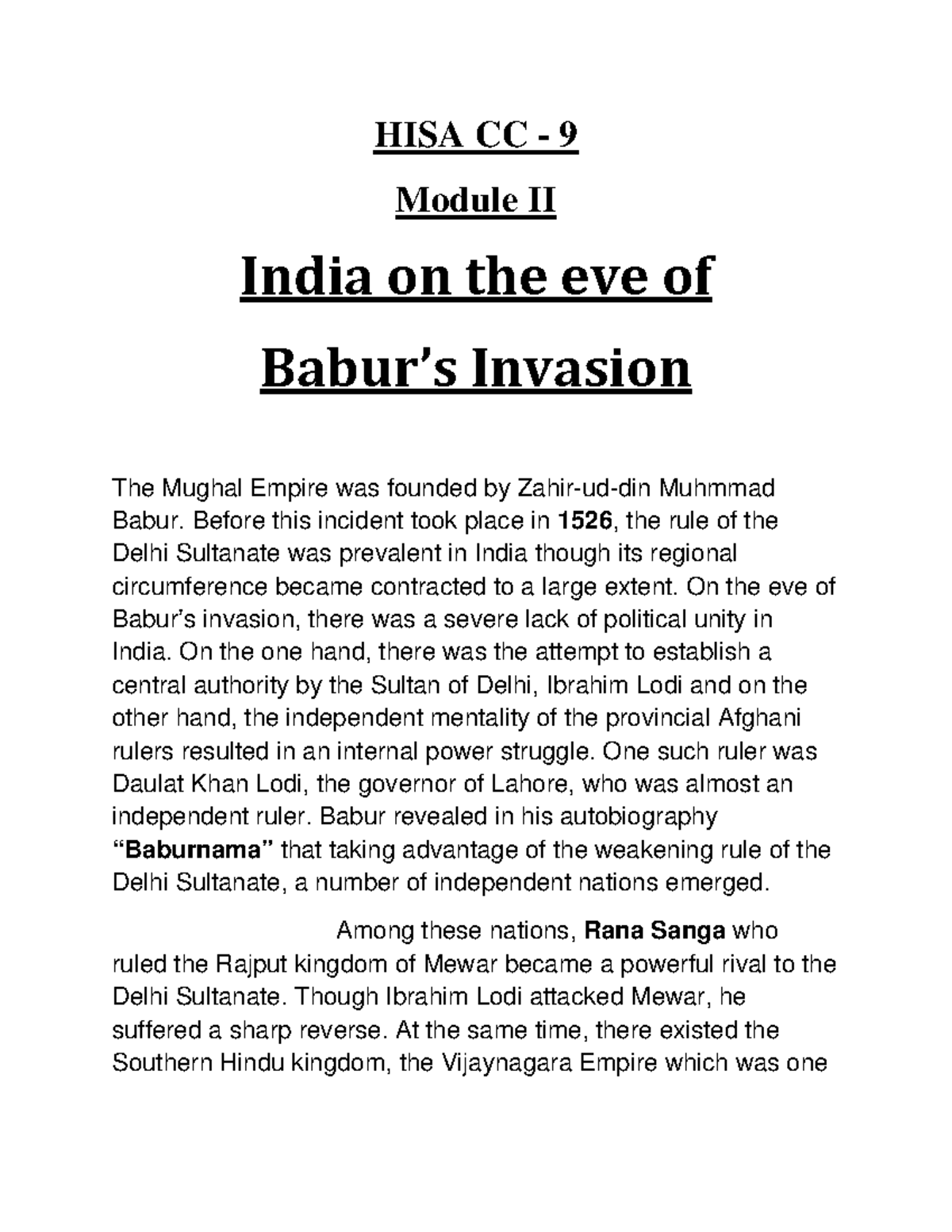 India on the eve of Babur's invasion - HISA CC - 9 Module II India on ...