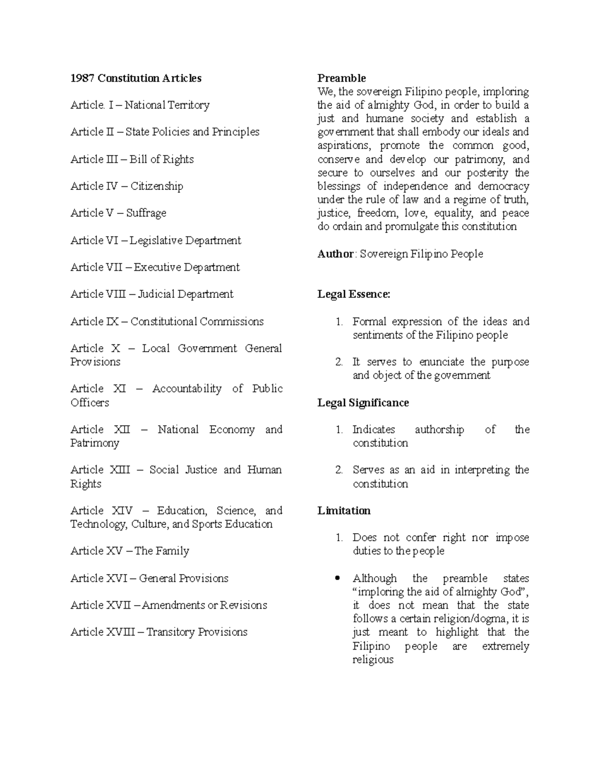 Introduction to Political Law - Primer - 1987 Constitution Articles ...