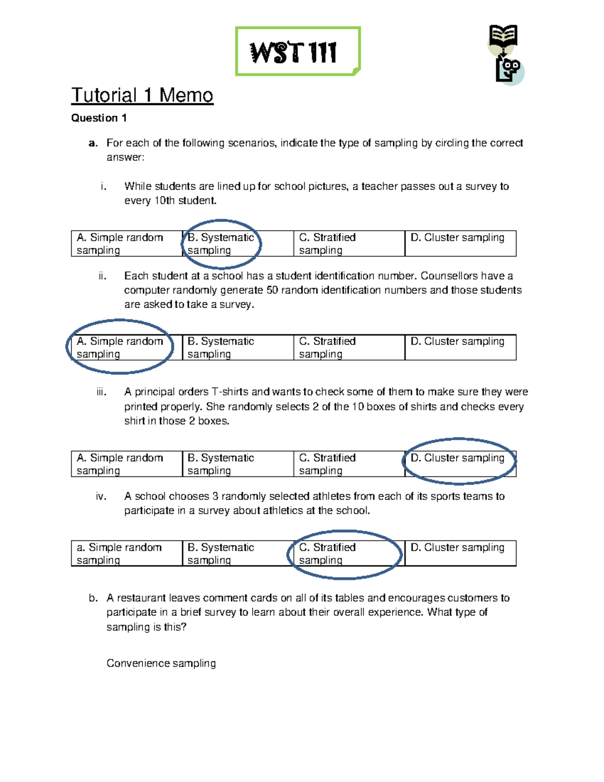 Tutorial 1 Memo - WST 111 Tutorial 1 Memo Question 1 a. For each of the following scenarios ...