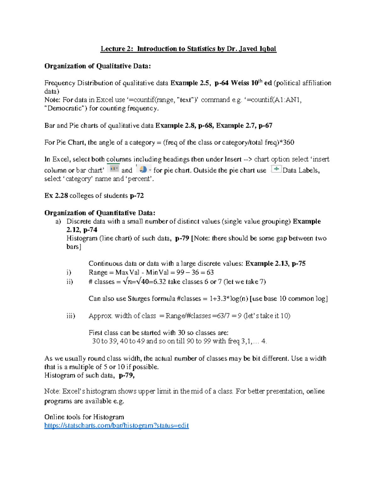 Lec2 - Lecture 2: Introduction to Statistics by Dr. Javed Iqbal Organization of Qualitative Data ...