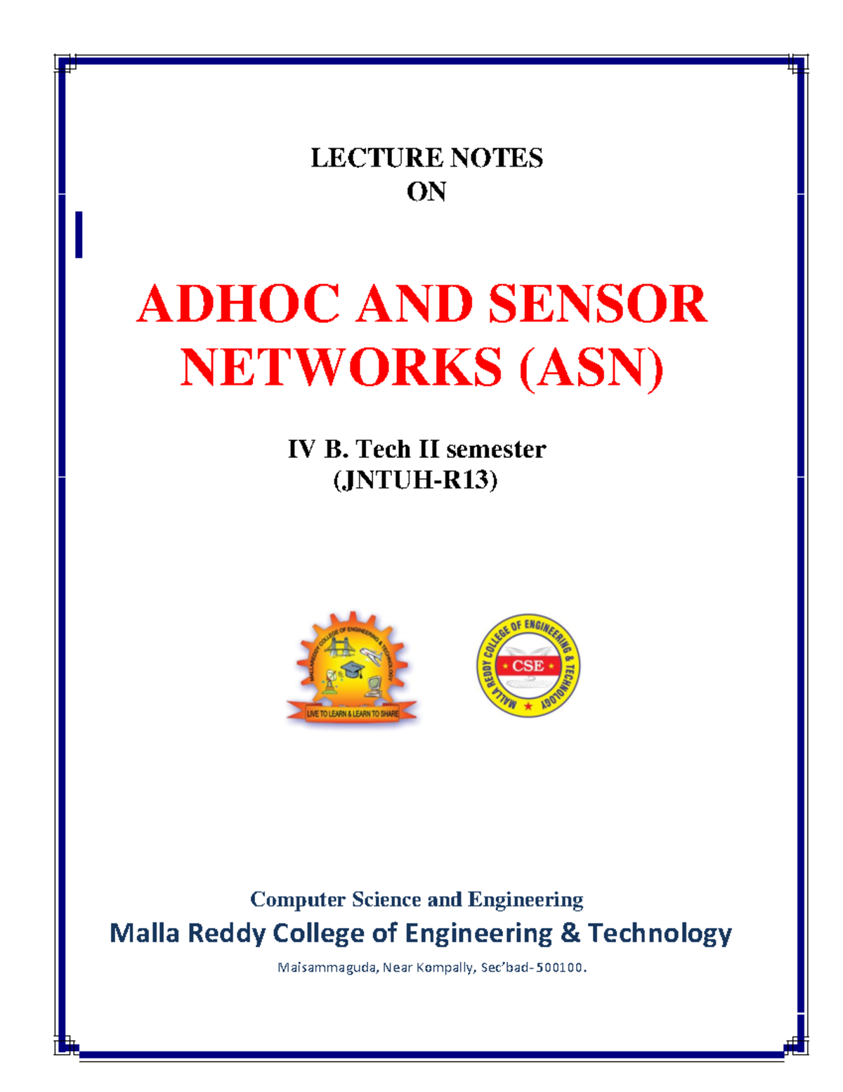 Ad-hoc Sensor Networks - LECTURE NOTES ON ADHOC AND SENSOR NETWORKS ...