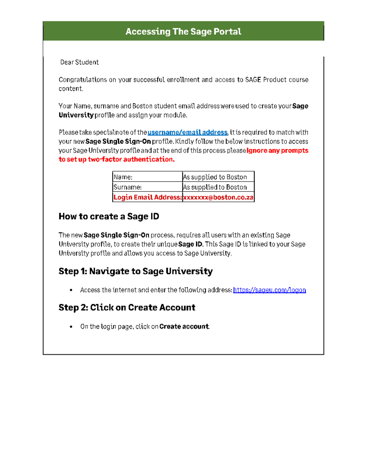 Accessing The Sage Portal - Your Name, surname and Boston student email ...