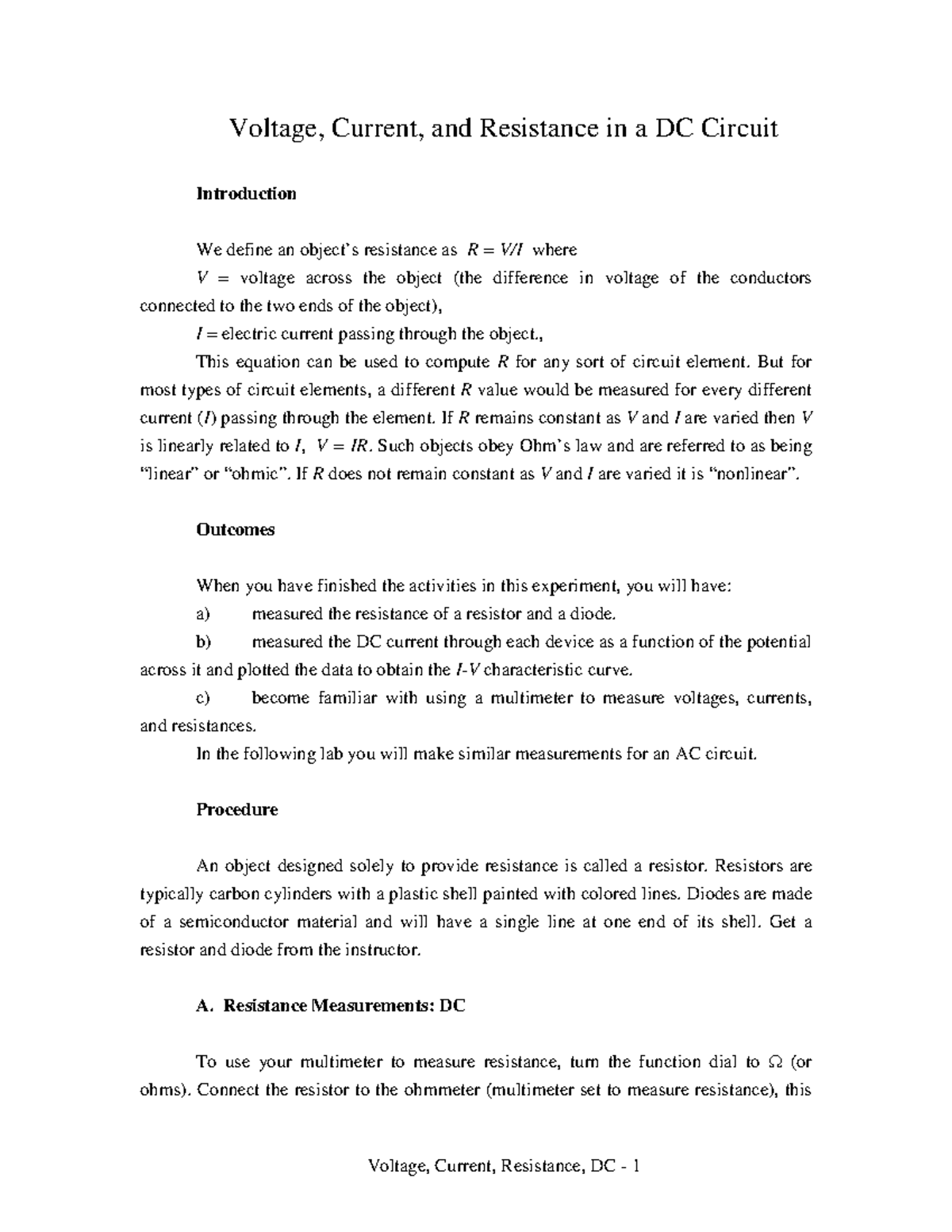 VIR Lab - lab report - Voltage, Current, and Resistance in a DC Circuit ...