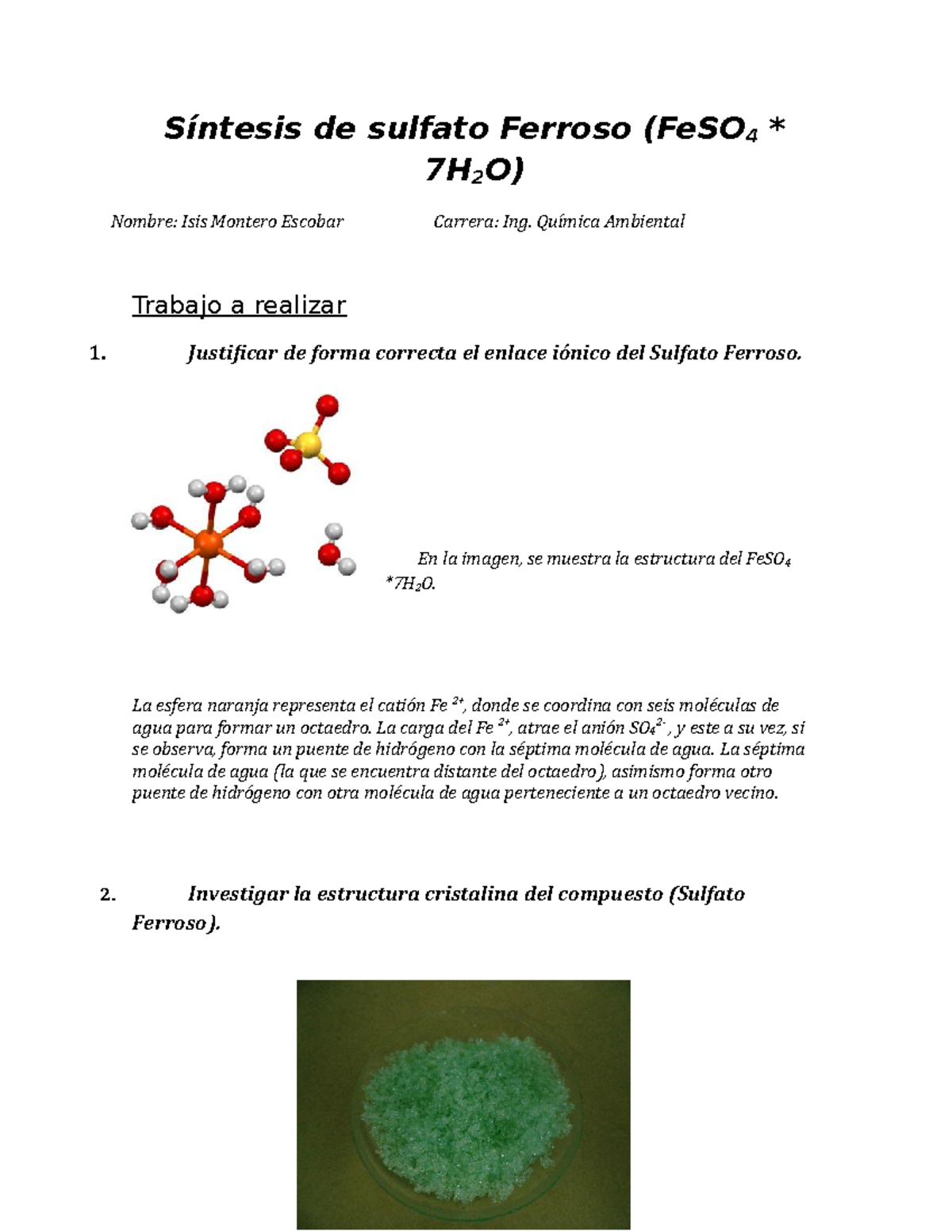 Informe Síntesis de sulfato Ferroso Isis Montero - Síntesis de sulfato ...