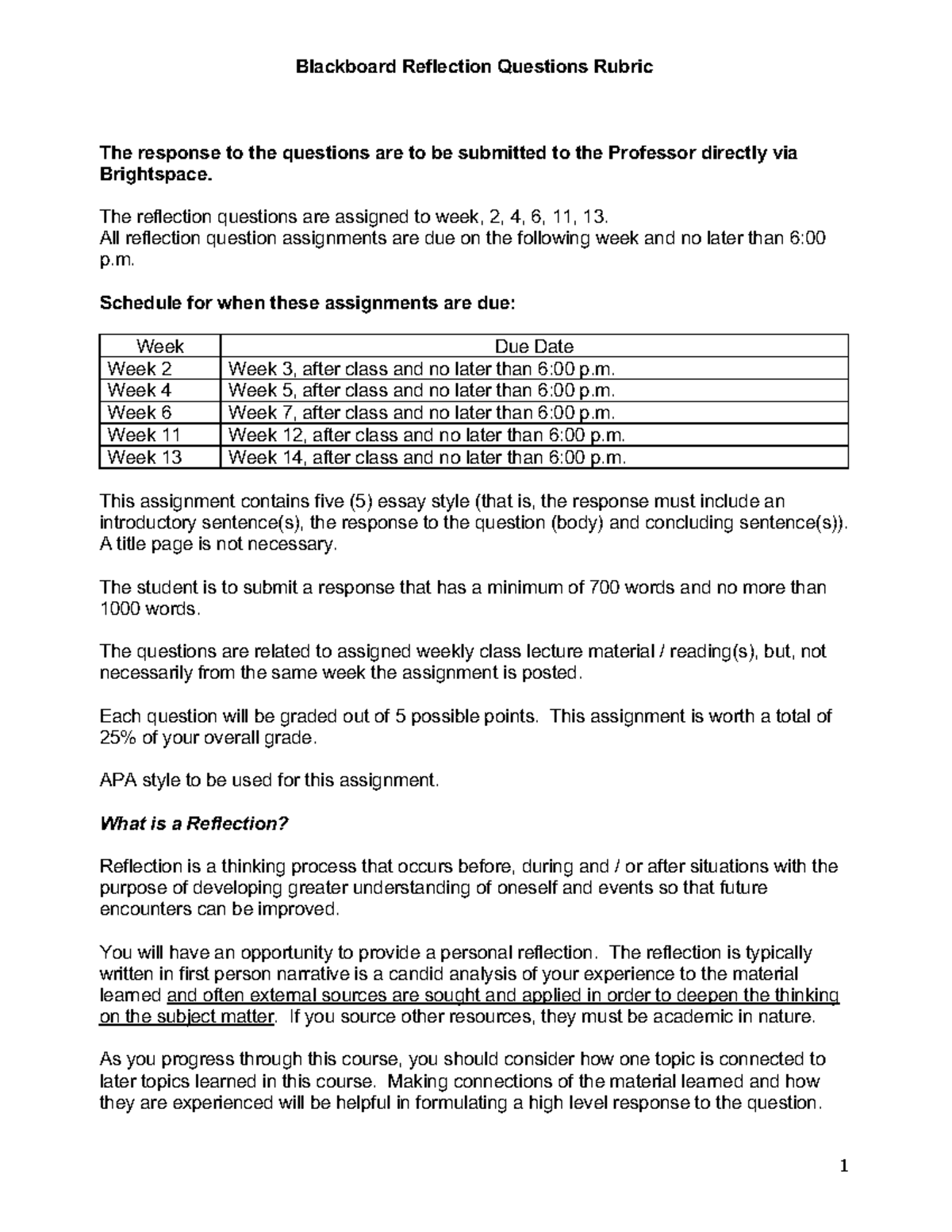 Reflection Question Rubric(23) - 1 Blackboard Reflection Questions ...