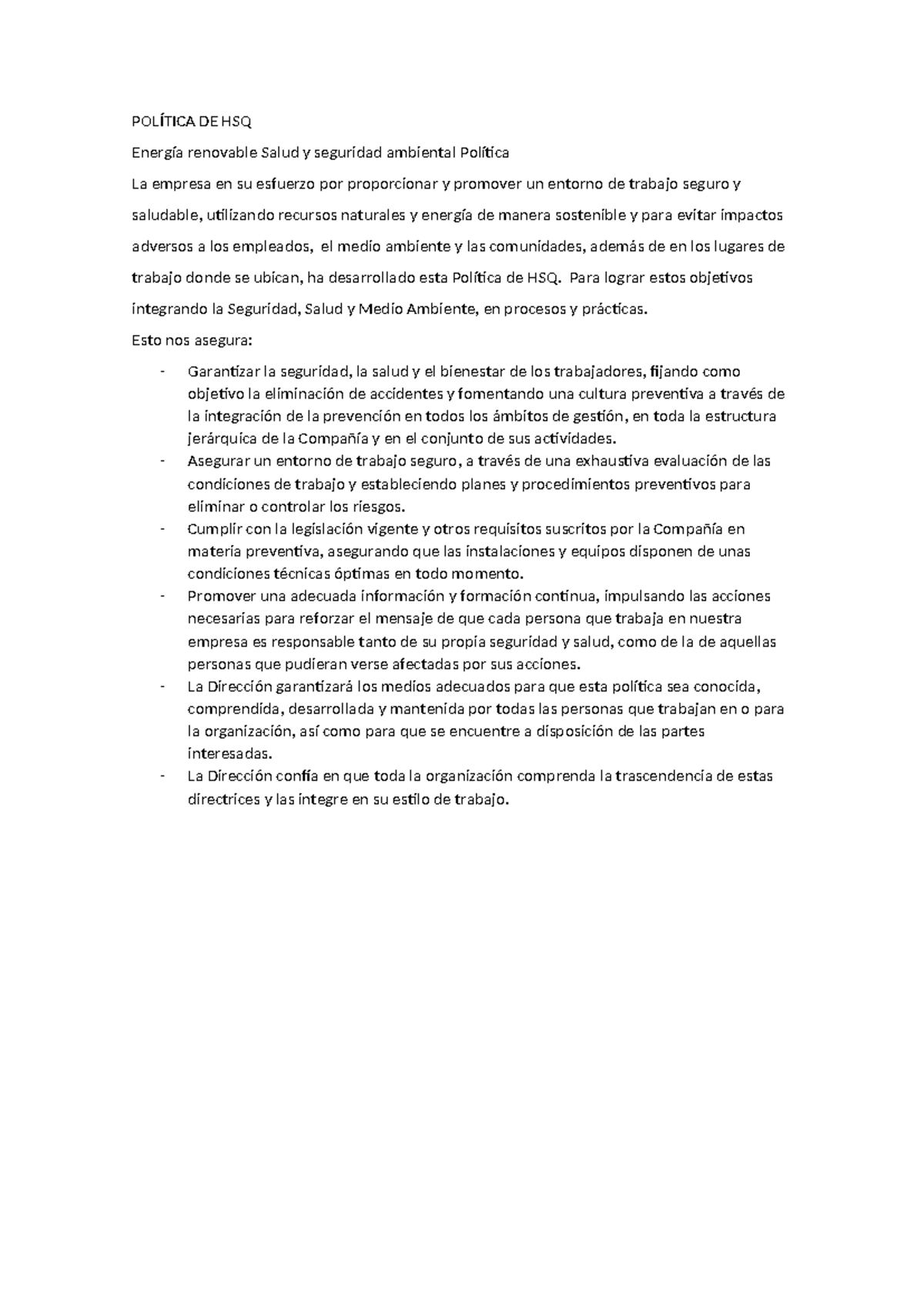 Política DE HSE - POLÍTICA DE HSQ Energía renovable Salud y seguridad ...