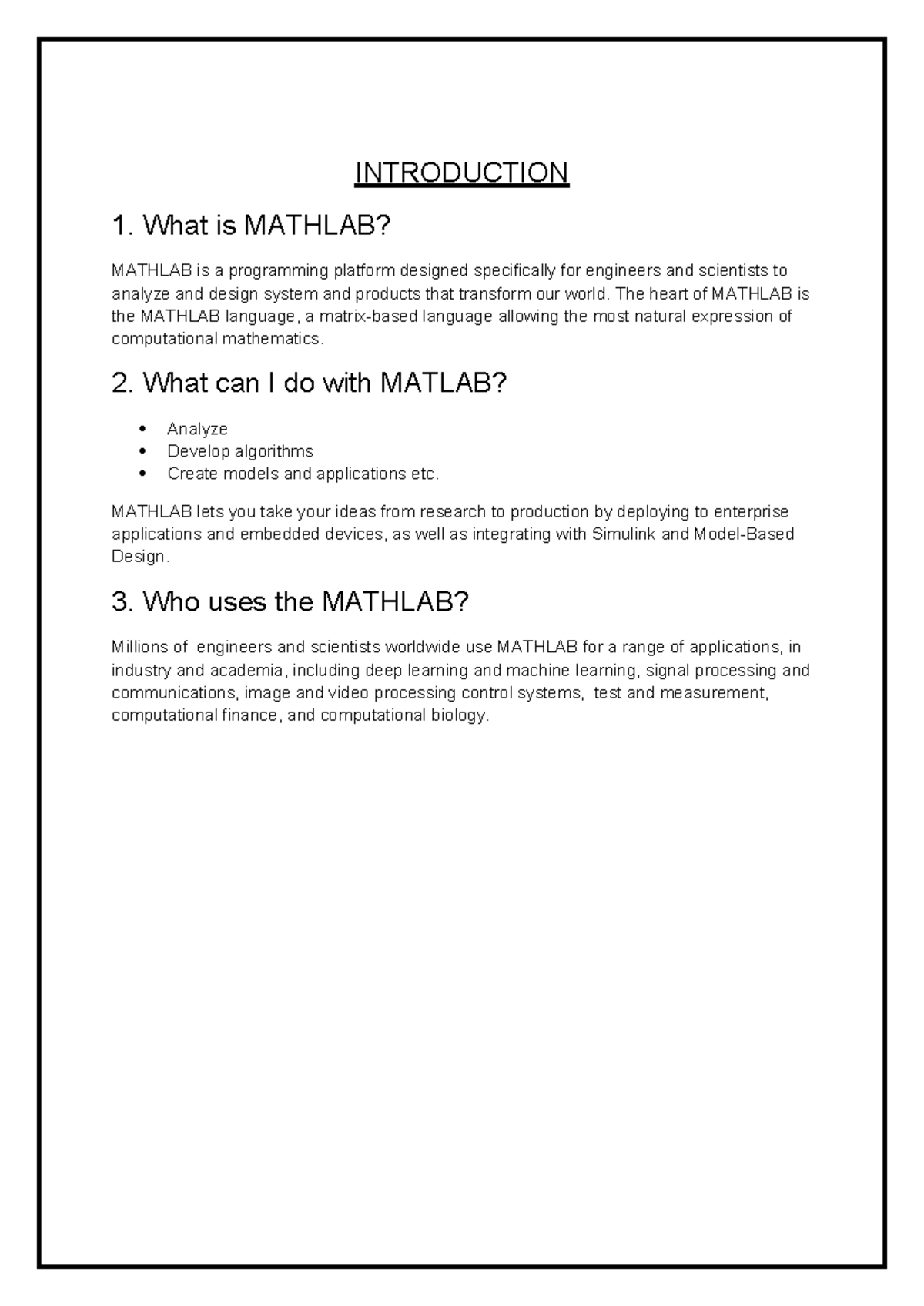 Mathmatics - Report - ####### INTRODUCTION ####### 1. What is MATHLAB? MATHLAB is a programming ...