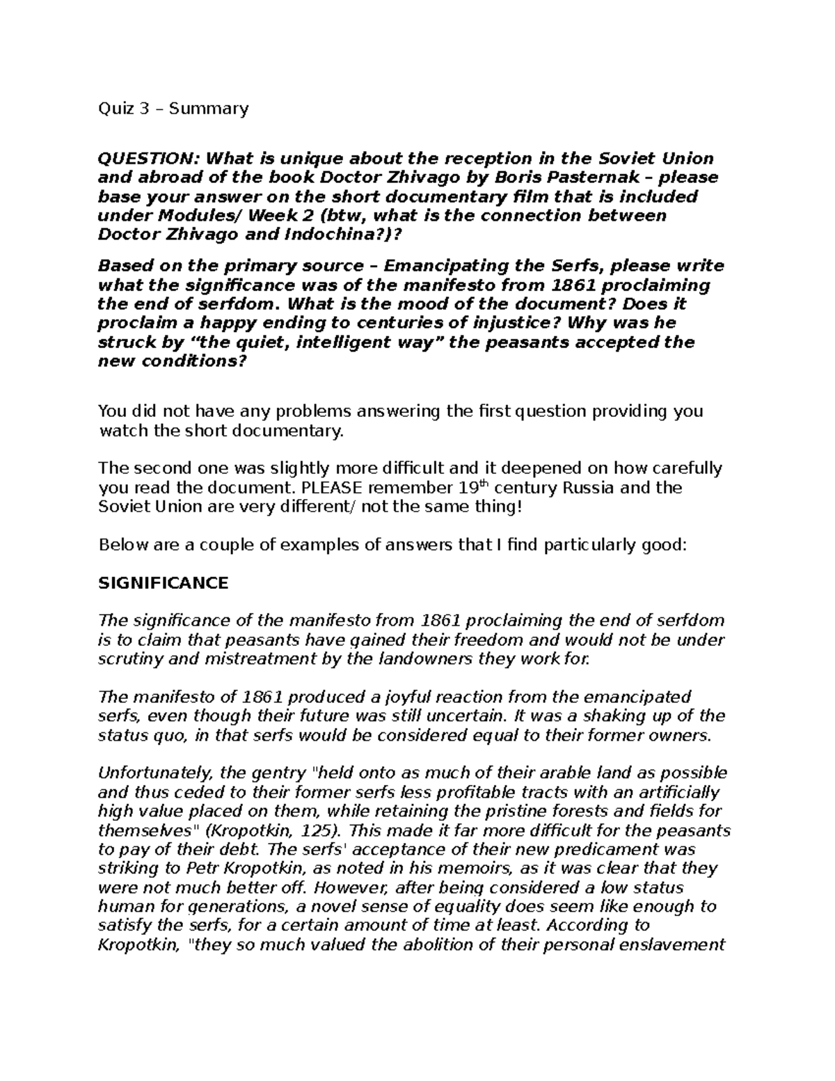 Quiz Summary - Assignment questions - Quiz 3 – Summary QUESTION: What ...