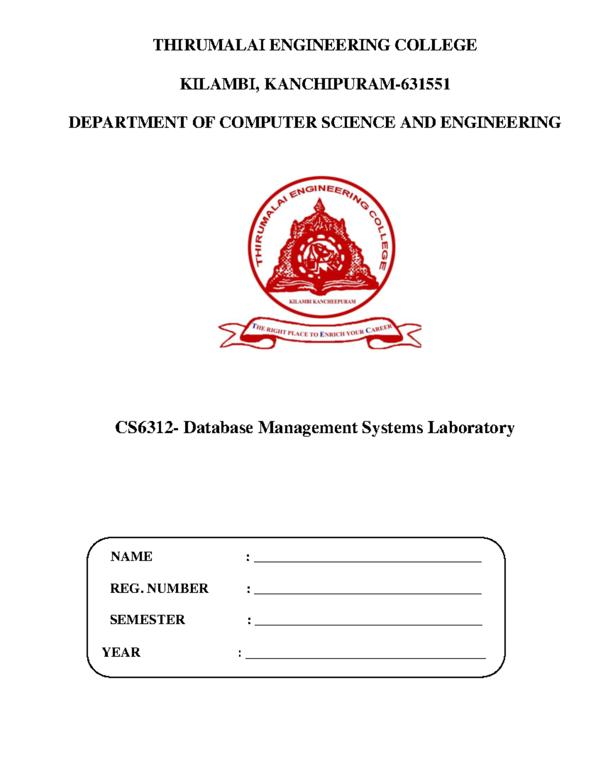DBMS LAB Manual - eee - THIRUMALAI ENGINEERING COLLEGE KILAMBI, KANCHIPURAM- DEPARTMENT OF ...