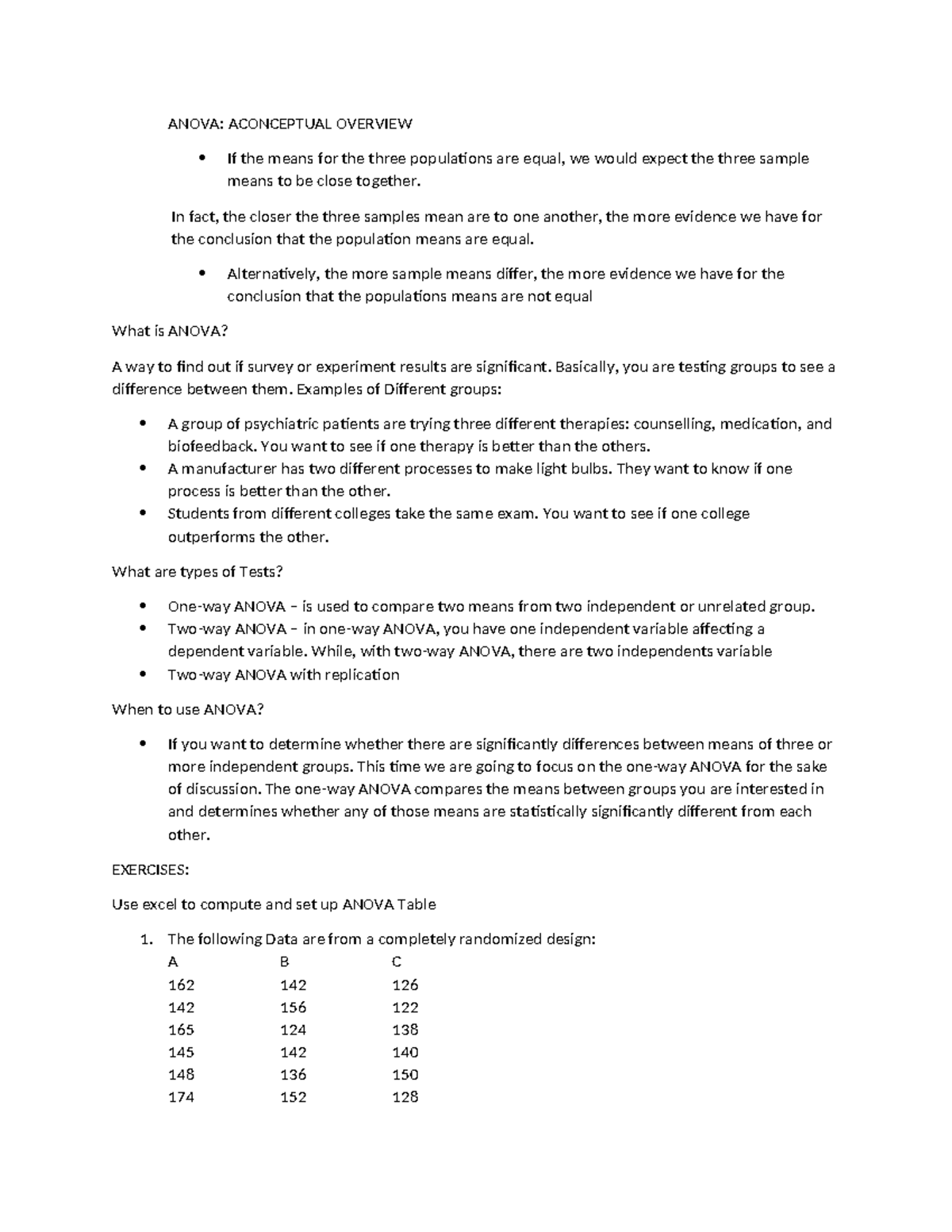 Anova - exercises for stats - ANOVA: ACONCEPTUAL OVERVIEW If the means ...