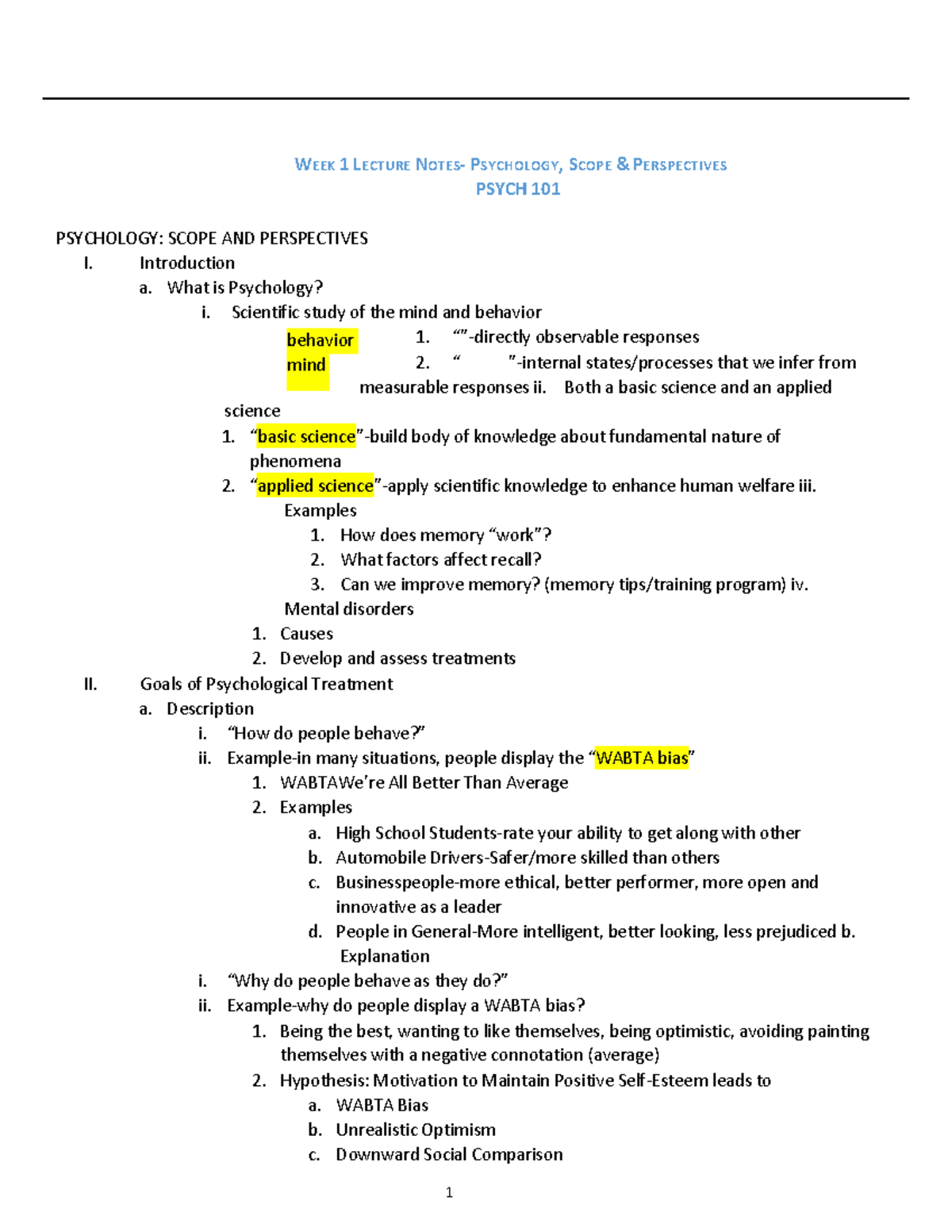 Psychology Scope AND Perspectives - WEEK 1 LECTURE NOTES- PSYCHOLOGY ...