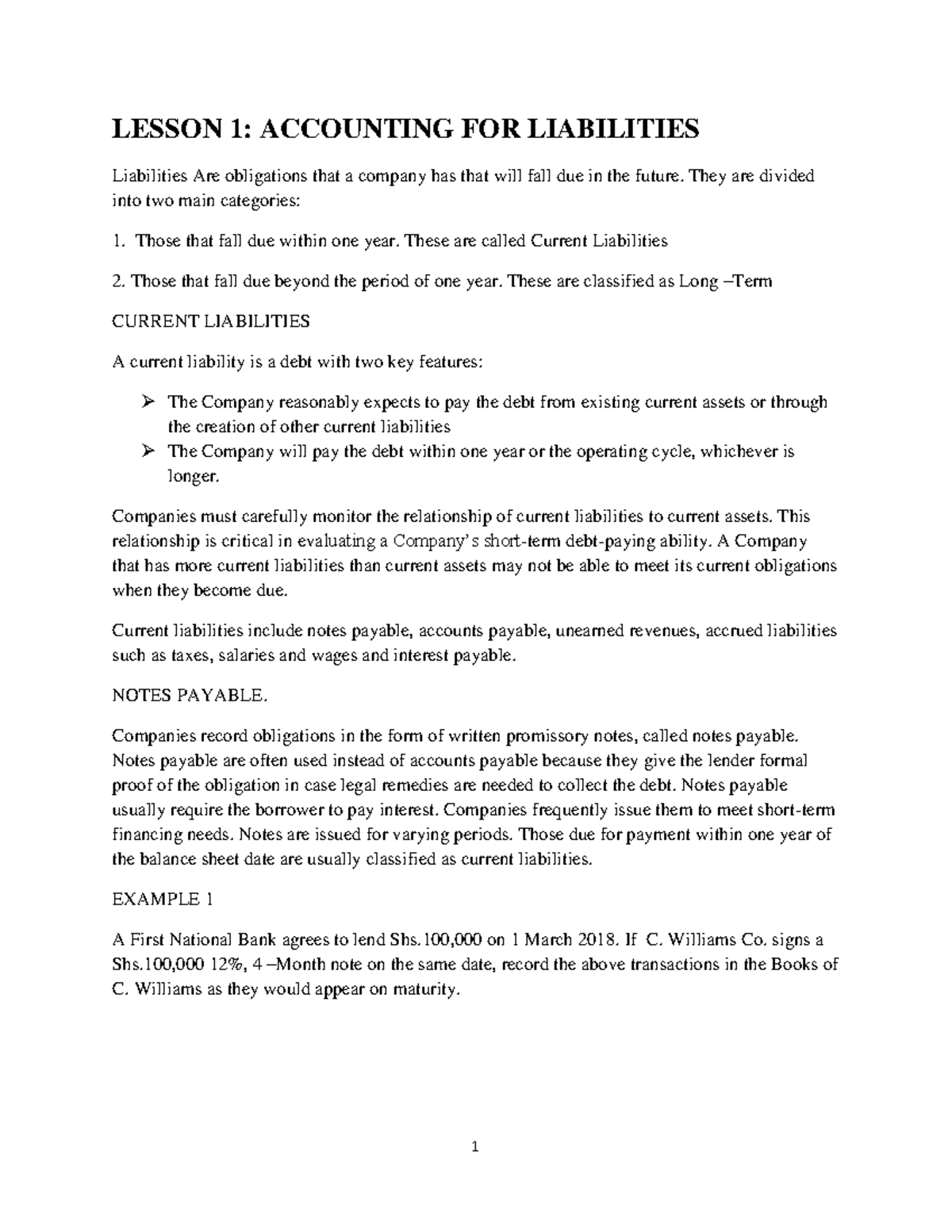 BAC201 E- Notes lecture 1` - LESSON 1: ACCOUNTING FOR LIABILITIES ...
