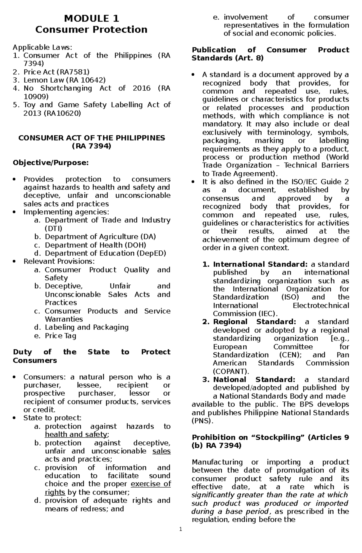 Consumer Protection Reviewer - MODULE 1 Consumer Protection Applicable ...