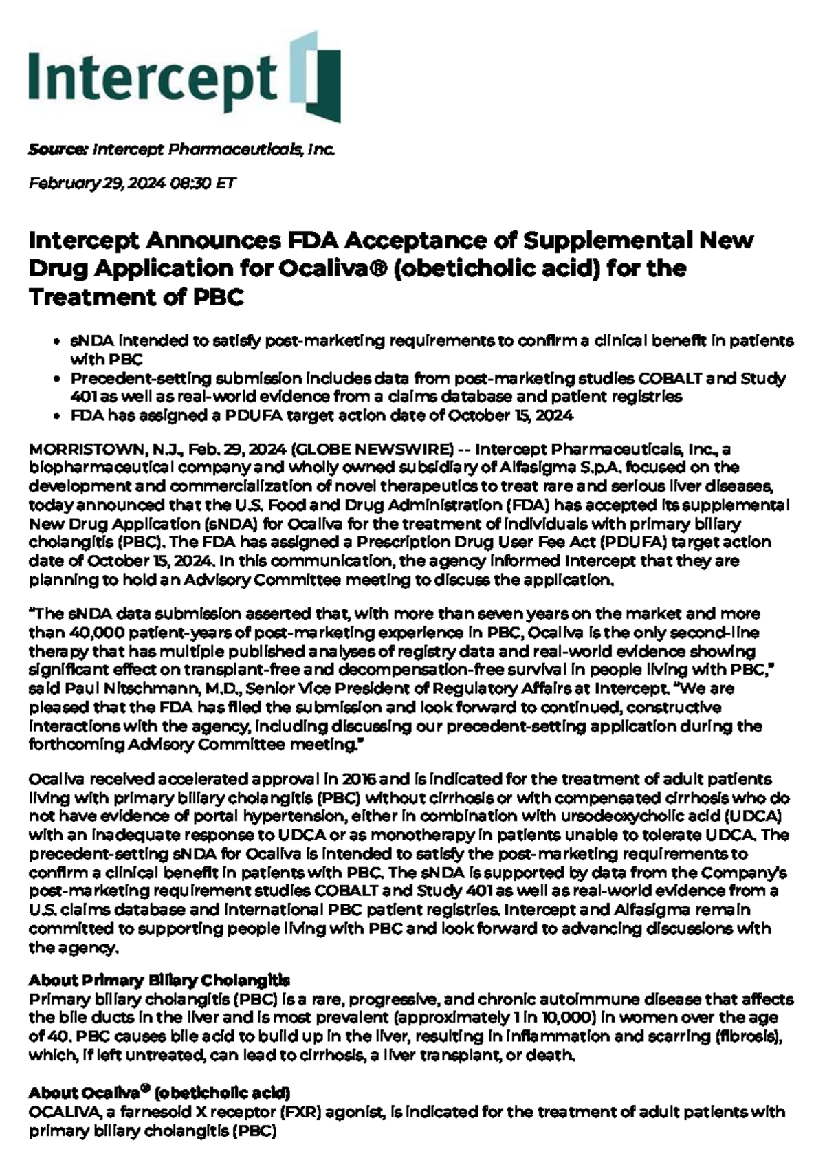 Intercept announces fda acceptance of - Source: Intercept ...