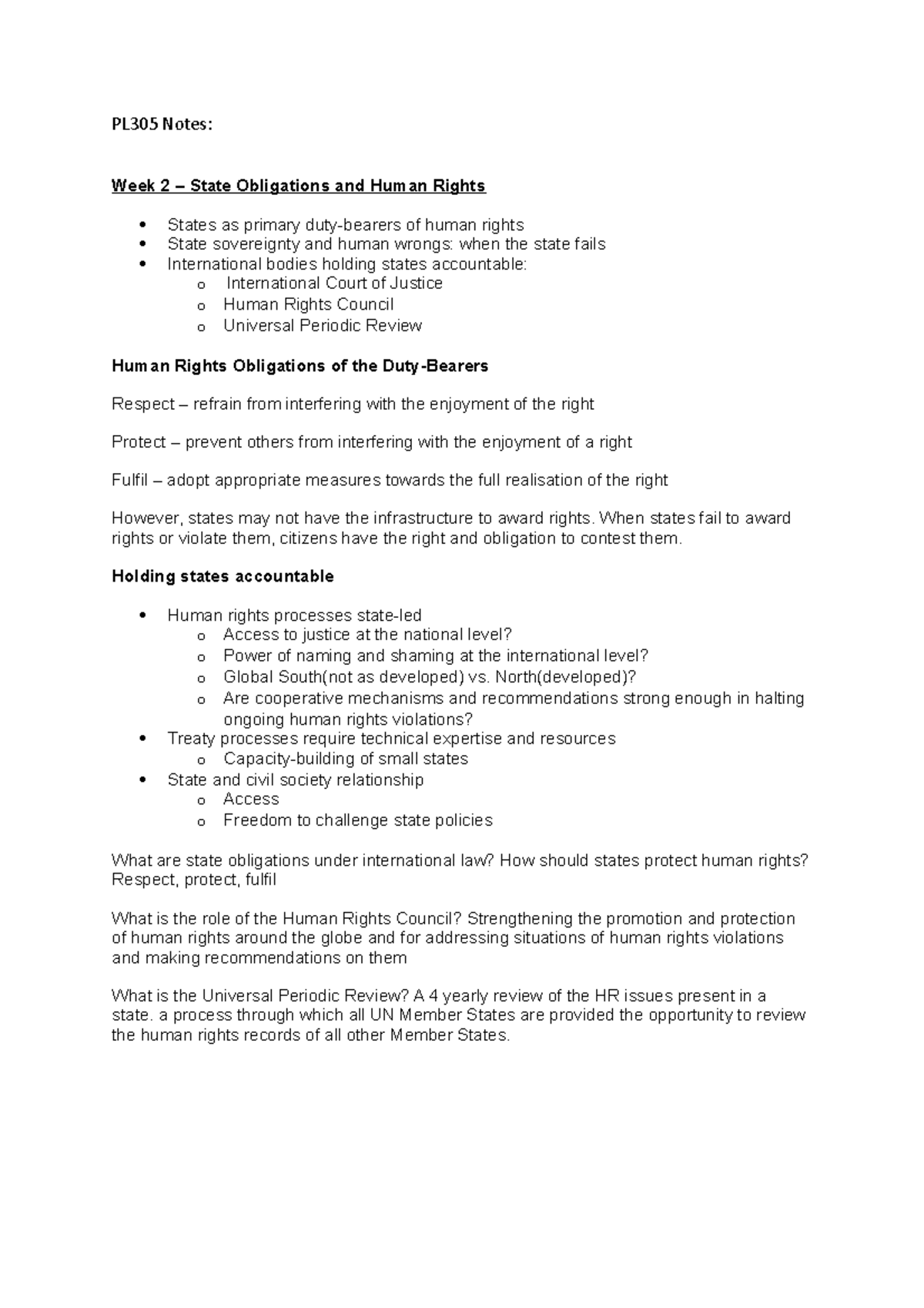 PL305 Notes Week 1 - Week 1 - UDHR and foundations of modern human ...