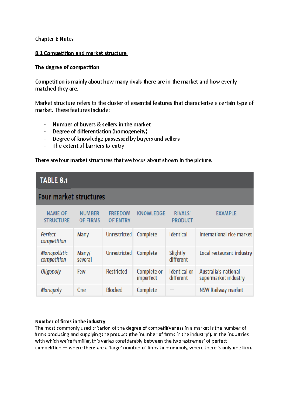 Chapter 8 Notes - Chapter 8 Notes 8 Competition and market structure ...