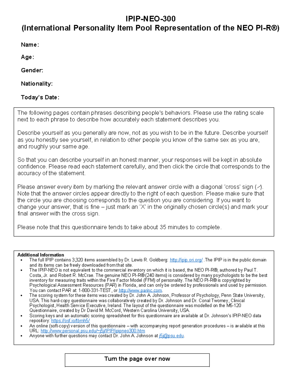 IPIP-NEO-300 Questionnaire Suitable for Printing - IPIP-NEO ...