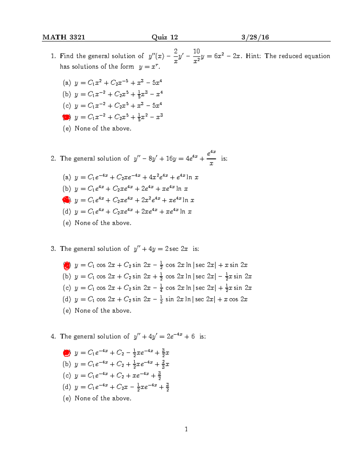 EMCF 12 Sp16 Ex2 - EMCF 12 - MATH 3321 Quiz 12 3/28/16 2 10 1. Find the ...