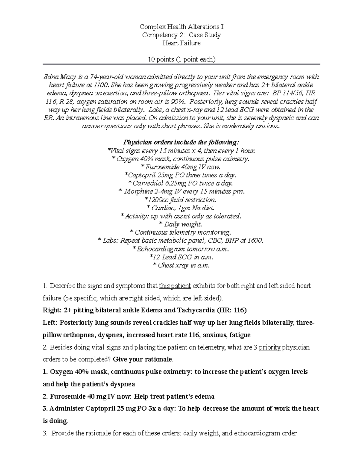 Heart Failure Case Study - Complex Health Alterations I Competency 2 ...
