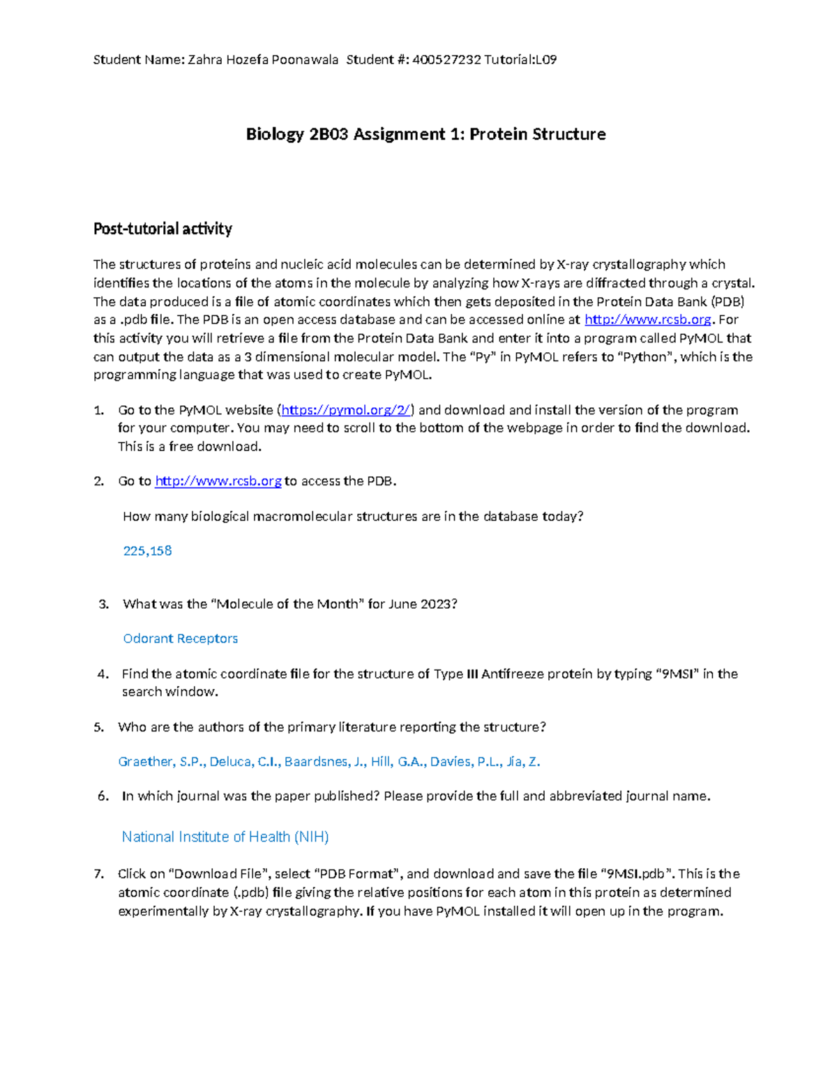 F23 Bio 2B03 Assignment 1 - Protein structure - Biology 2B03 Assignment 1: Protein Structure ...