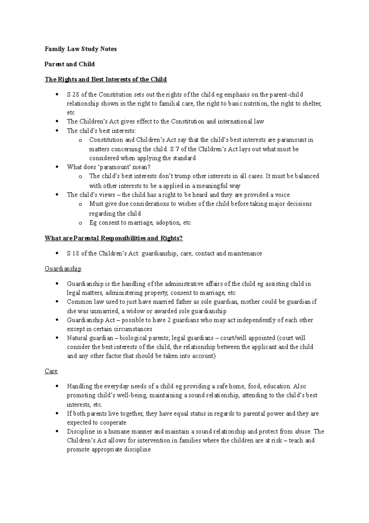 Parent and Child - Family Law Study Notes Parent and Child The Rights ...