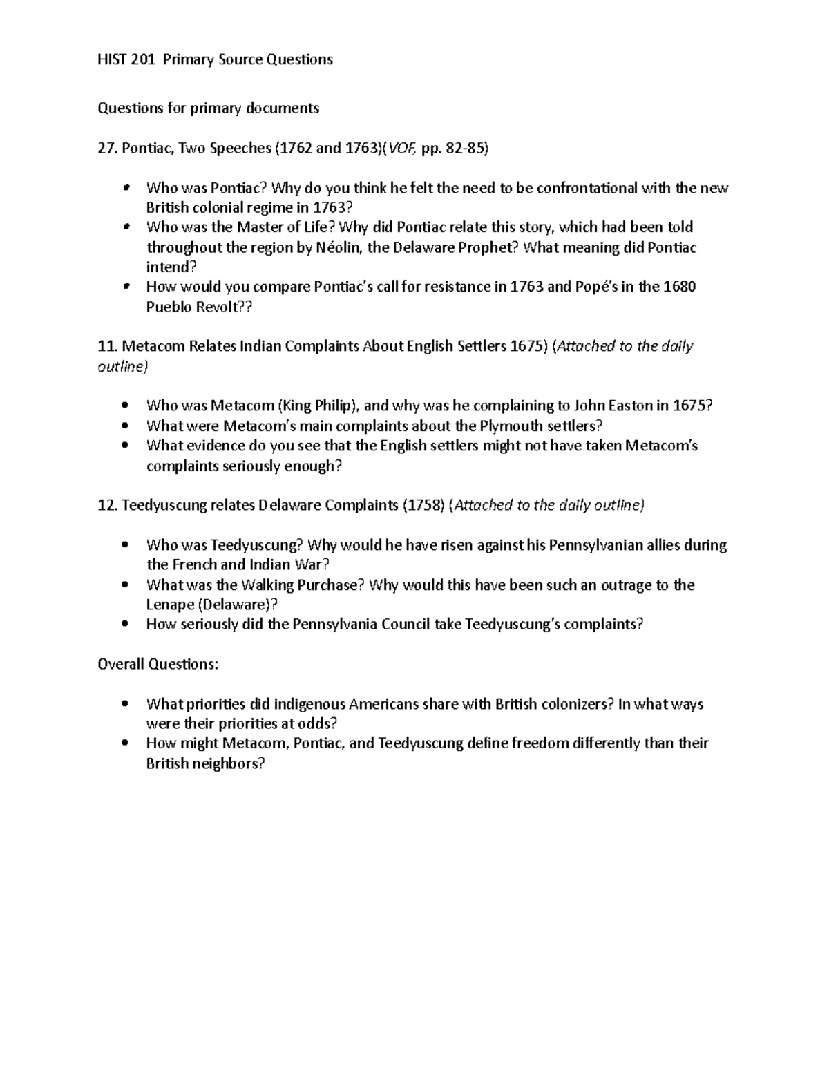 Questions for Primary Documents for Natives and Newcomers - HIST 201 ...