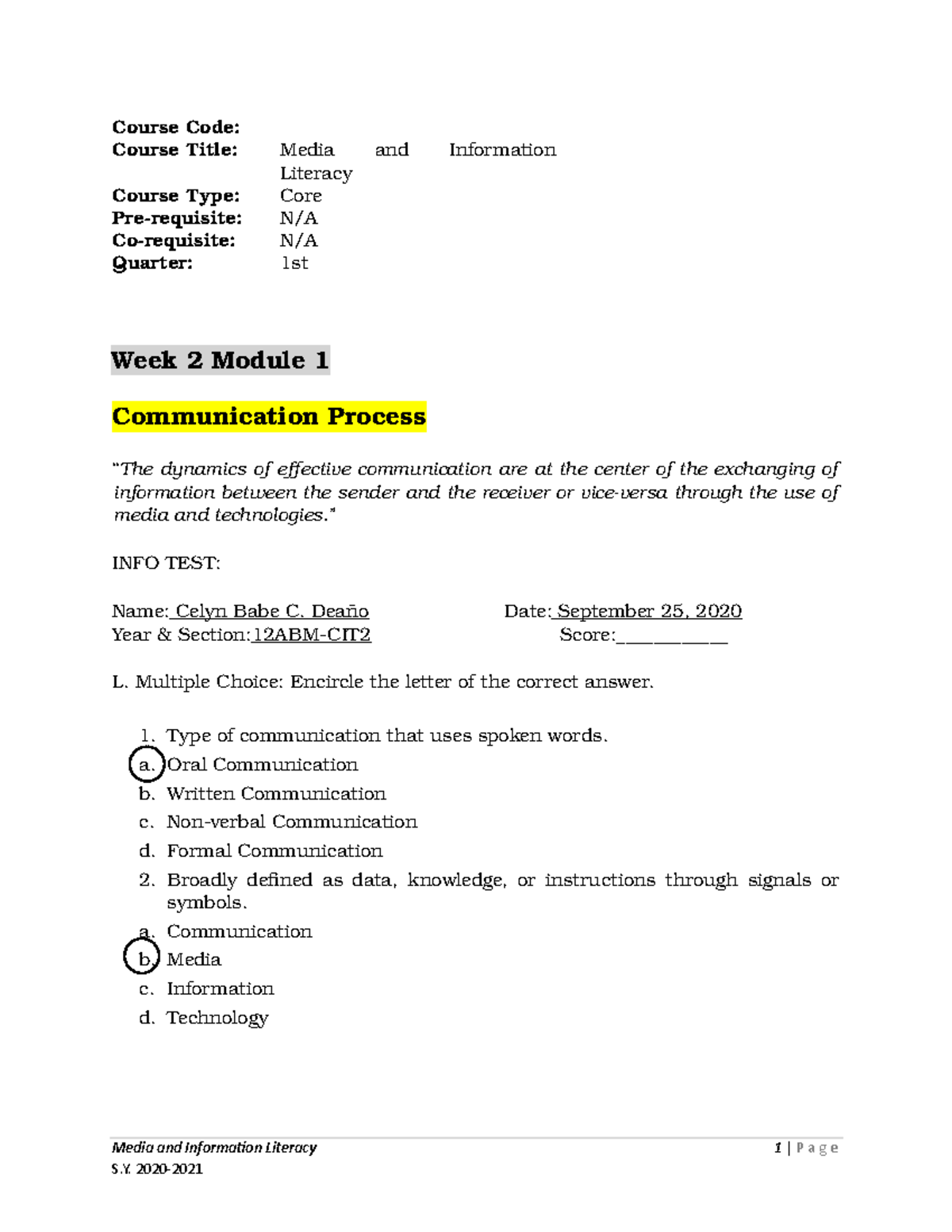 Week2 Module 1-1 Deañocc - Course Code: Course Title: Media and ...