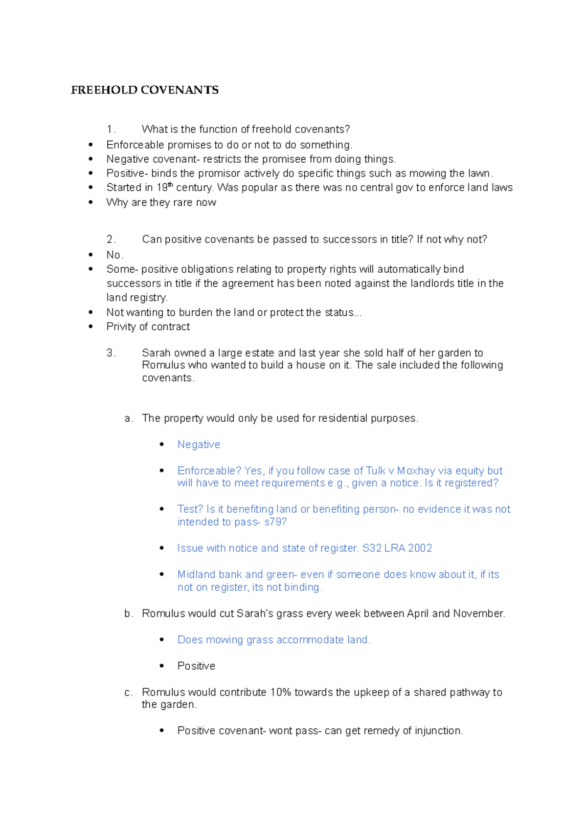 Freehold Covenants Tutorial Notes - FREEHOLD COVENANTS What is the ...