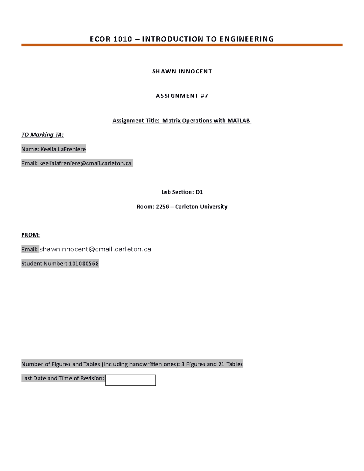 LAB 7 - Glenn McRae labs - ECOR 1010 – INTRODUCTION TO ENGINEERING SHAWN INNOCENT ASSIGNMENT #7 ...