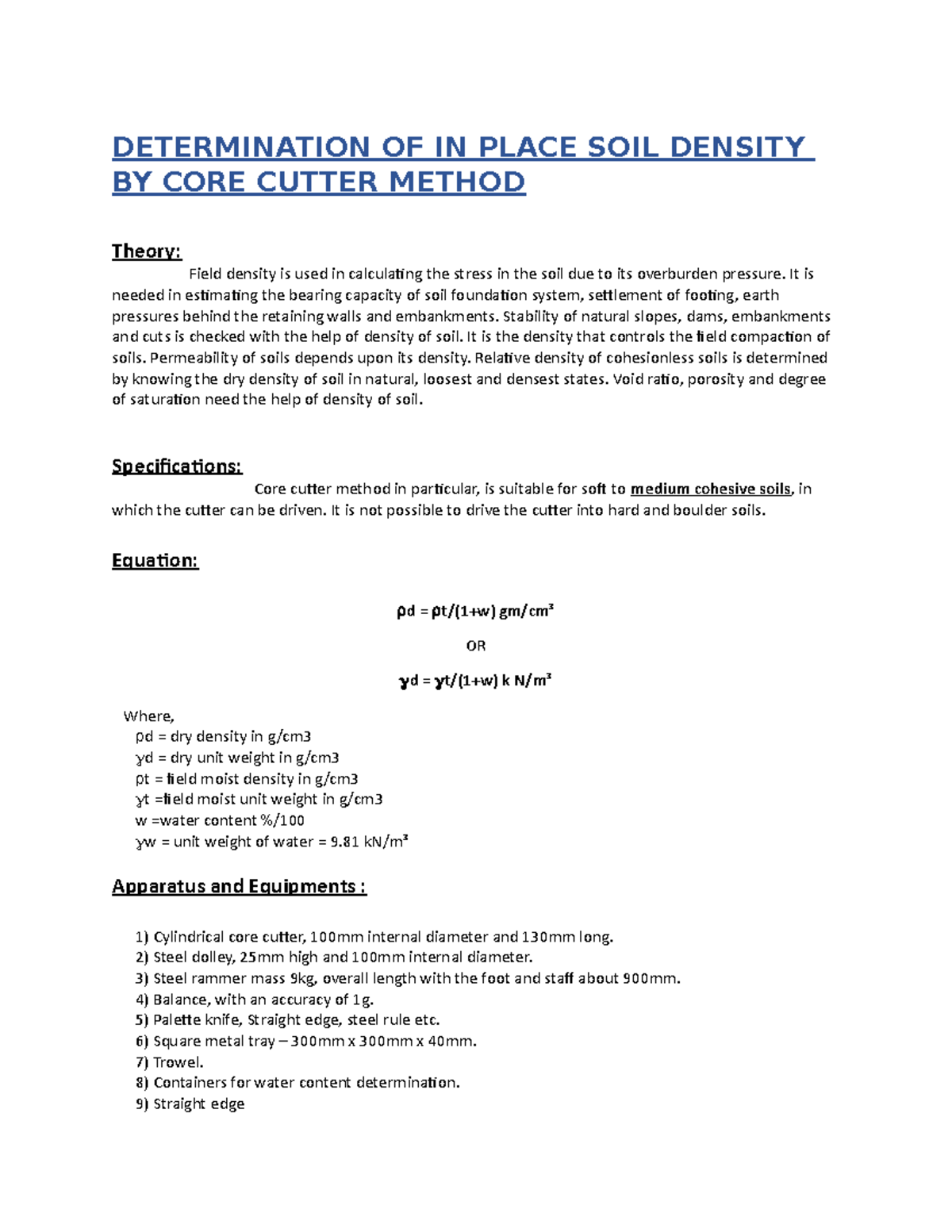 to find the dry density by core cutter method - DETERMINATION OF IN ...