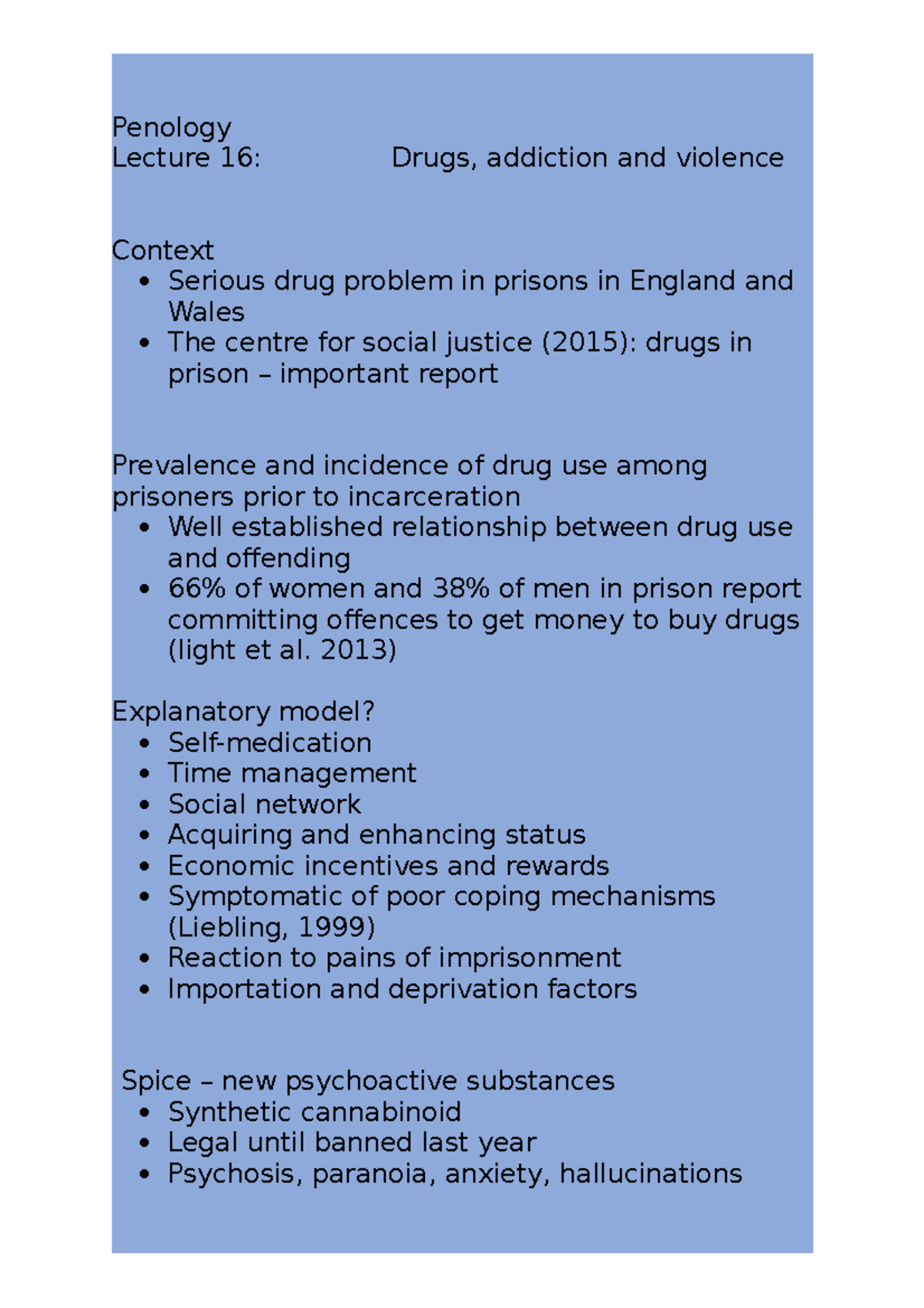 16 - drugs - Lecture notes 16 - Penology Lecture 16: Drugs, addiction ...