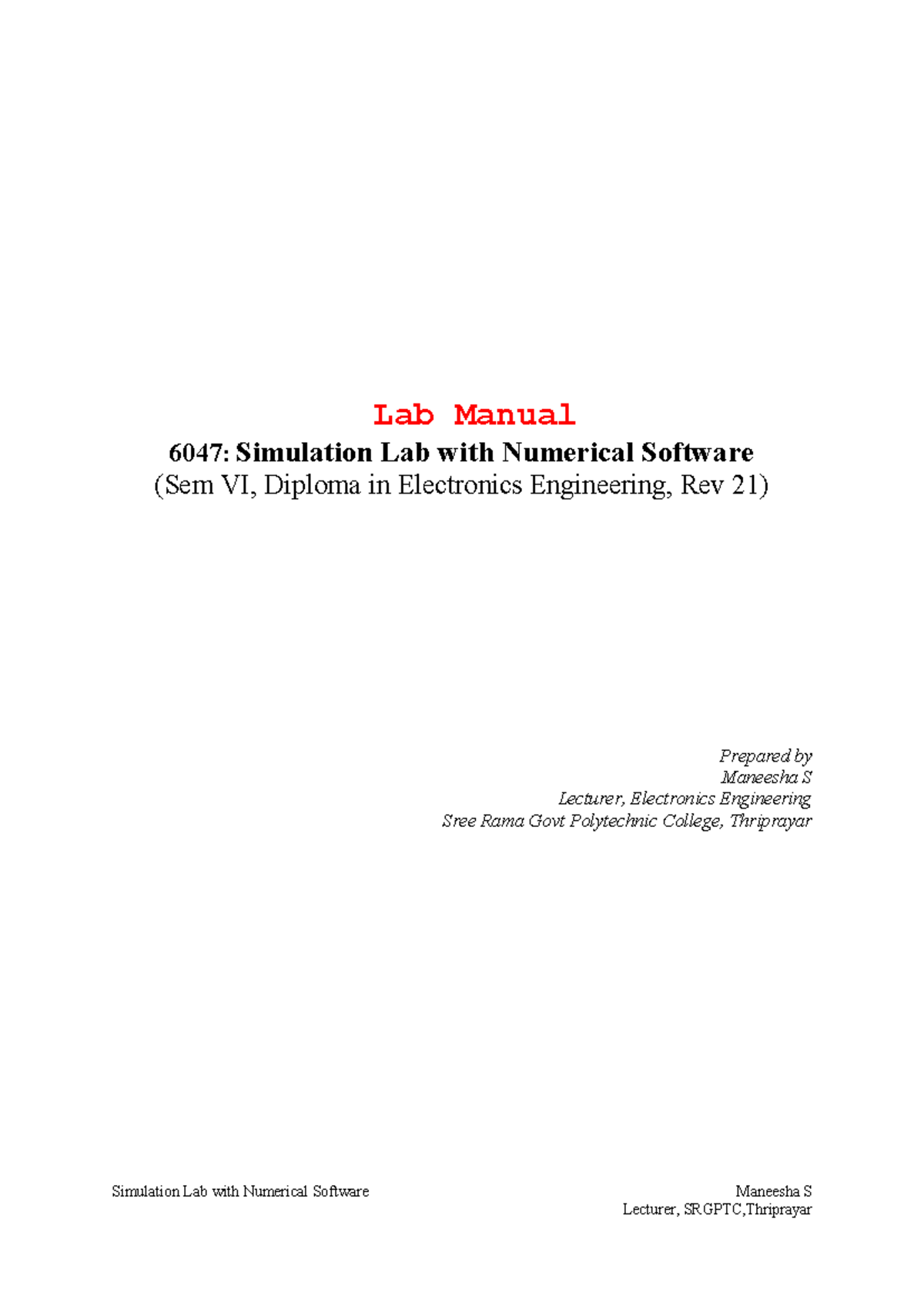 Co1 matlab simulations s6 el - Simulation Lab with Numerical Software Maneesha S Lab Manual 6047 ...