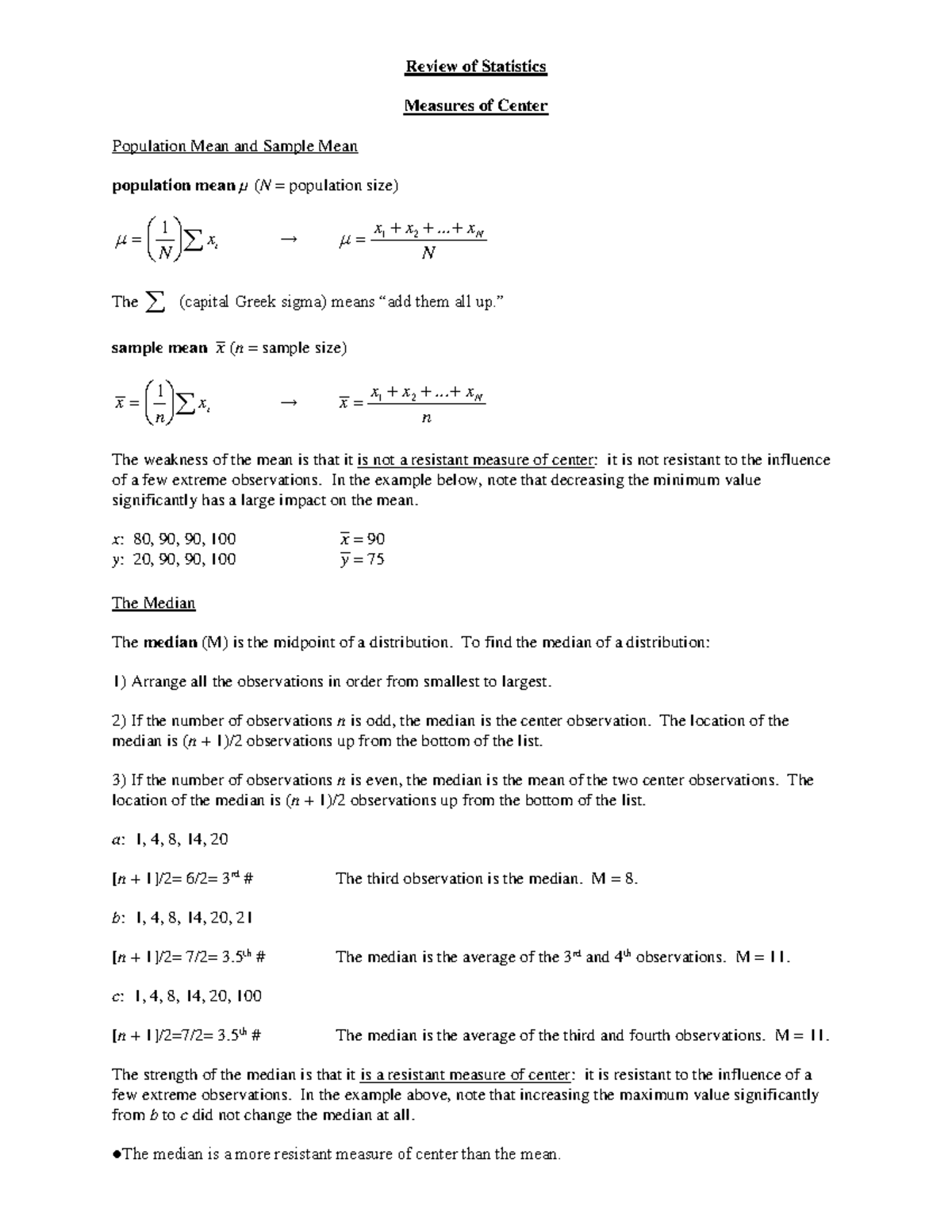 03262024 handout stats review spring 24 - Review of Statistics Measures ...