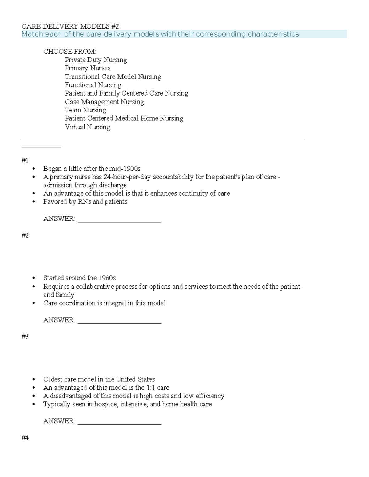 Care Delivery Models - CARE DELIVERY MODELS #2 Match each of the care ...